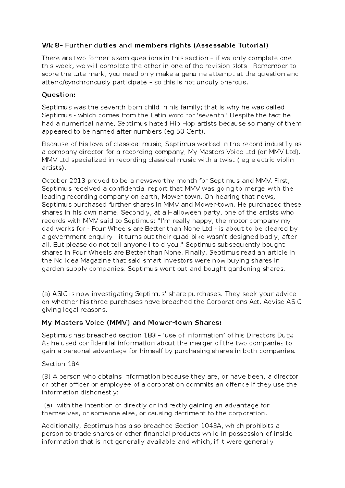 Week 8 tute - Wk 8– Further duties and members rights (Assessable ...