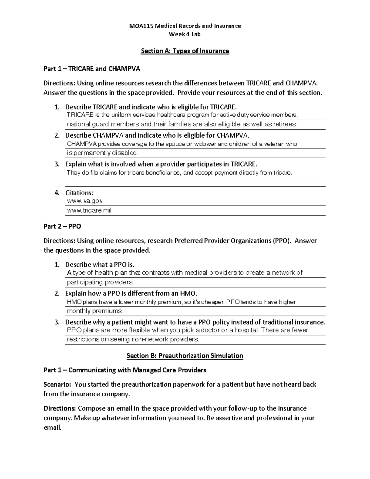 Week 4 Online Lab - Week 4 lab - MOA115 Medical Records and Insurance ...