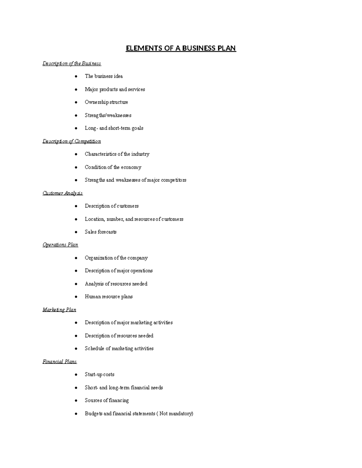Key Elements of Business Plan - ELEMENTS OF A BUSINESS PLAN Description ...