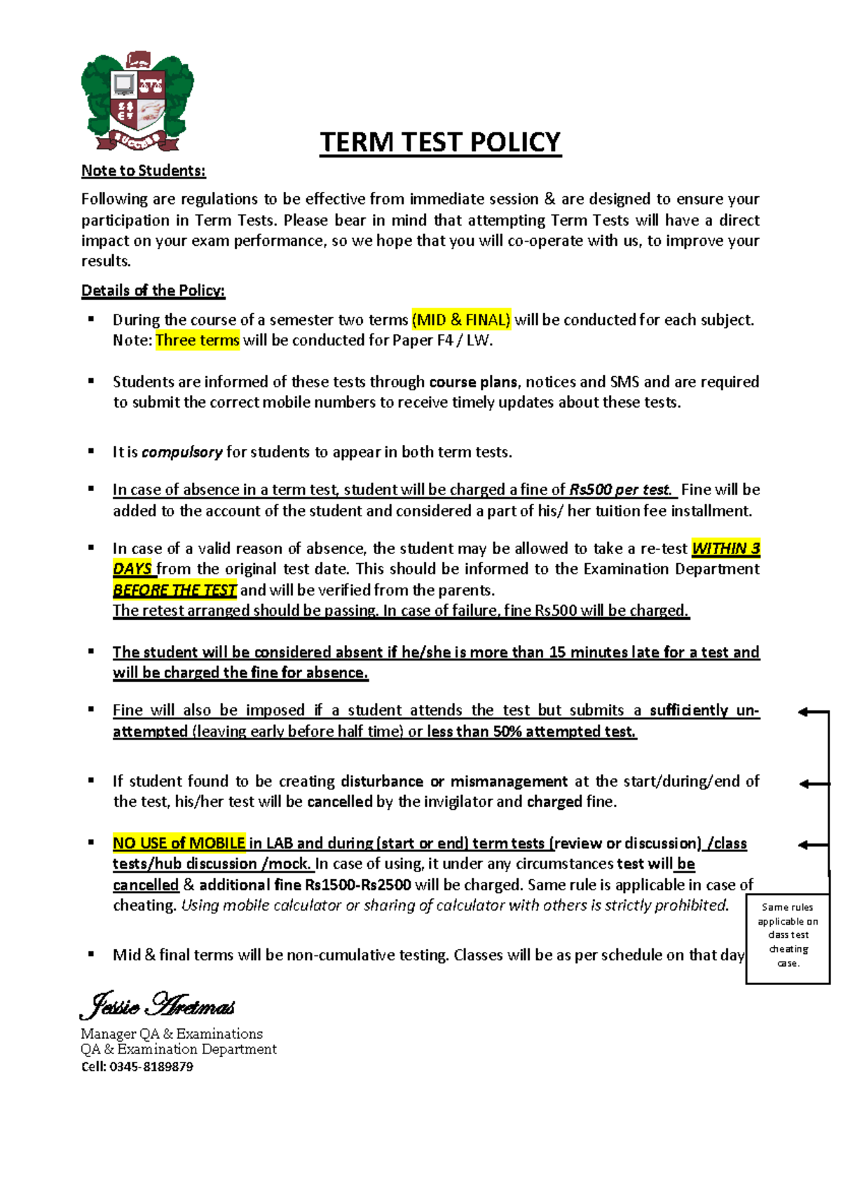 TT policy + Mock policy - Help you - TERM TEST POLICY Note to Students ...