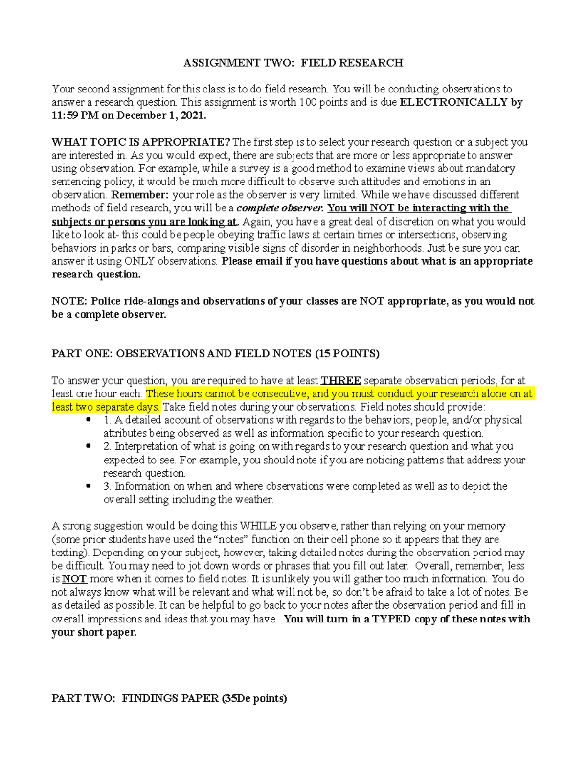 CJUS 3130 Applied Project Field Research - ASSIGNMENT TWO: FIELD ...