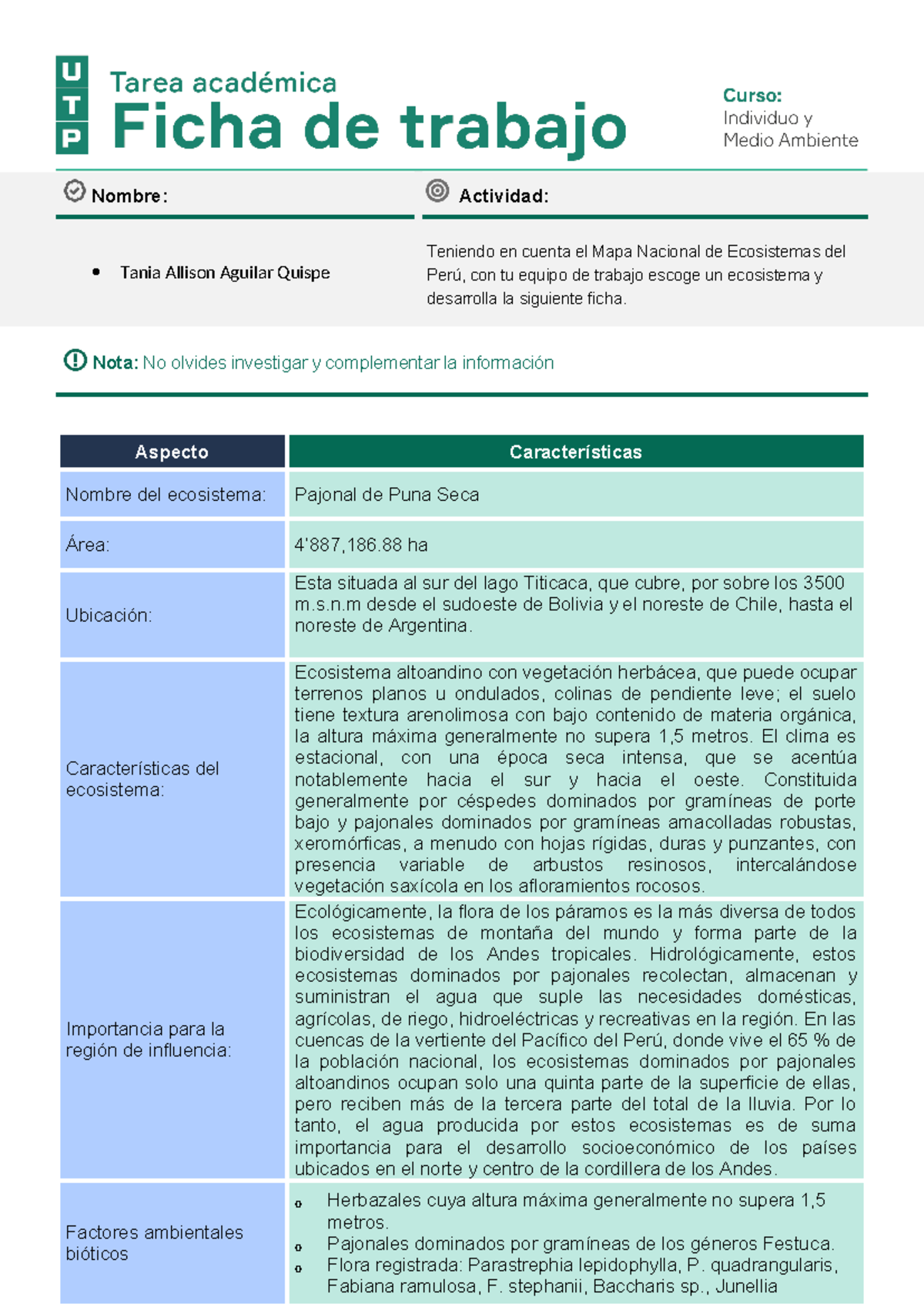 Pajonal De Puna Seca - Semana 02 - Nombre: Actividad: Tania Allison ...