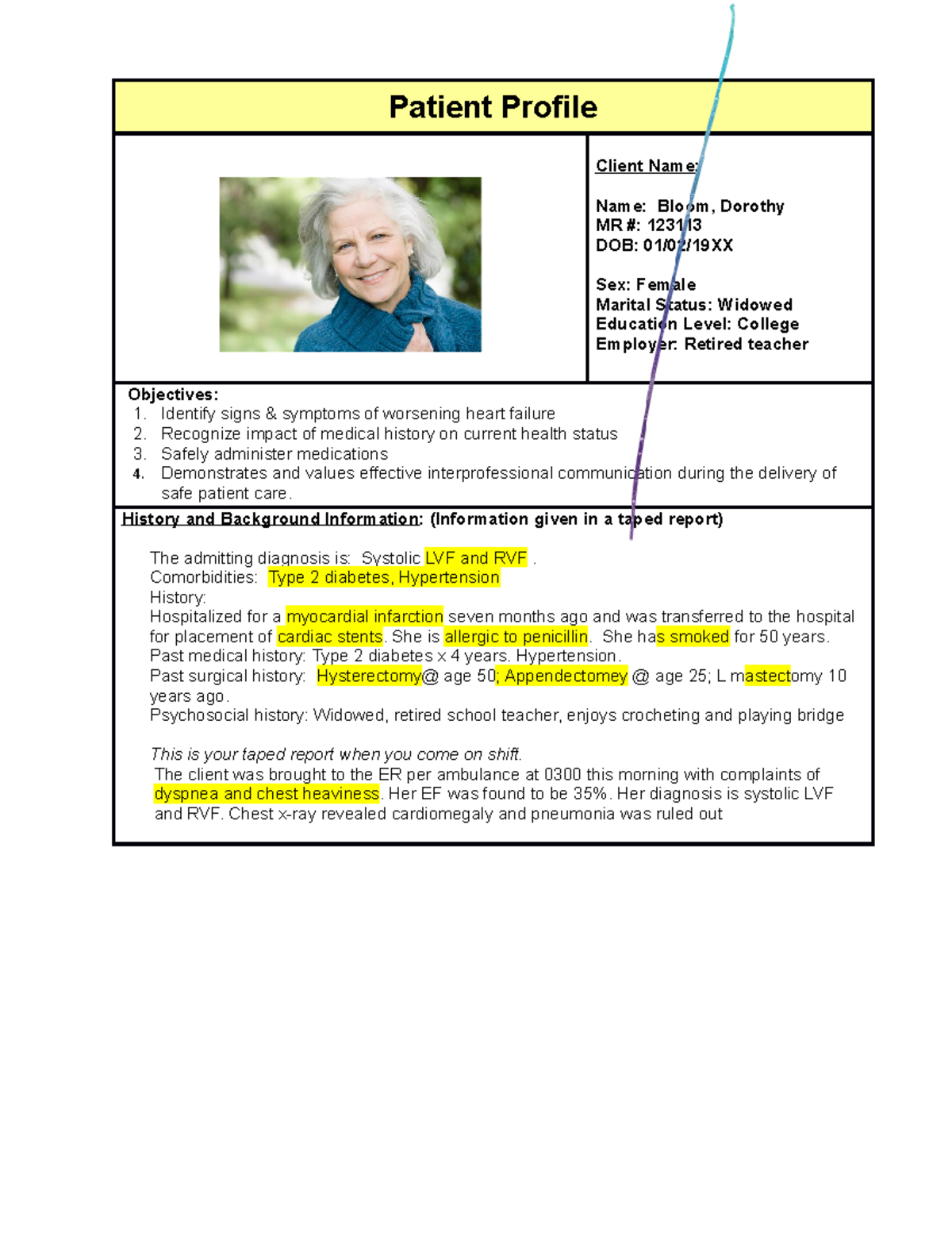 Pat profile Dorothy Bloom Sp19-2 - Patient Profile Client Name: Name ...