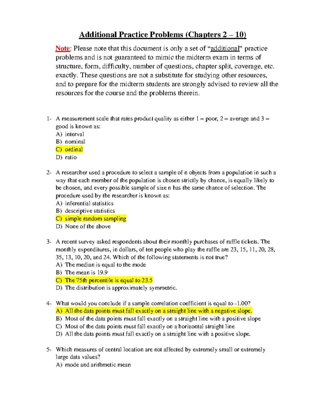 Additional Practice Problems - with Answers - Additional Practice Problems (Chapters 2 – 10 ...