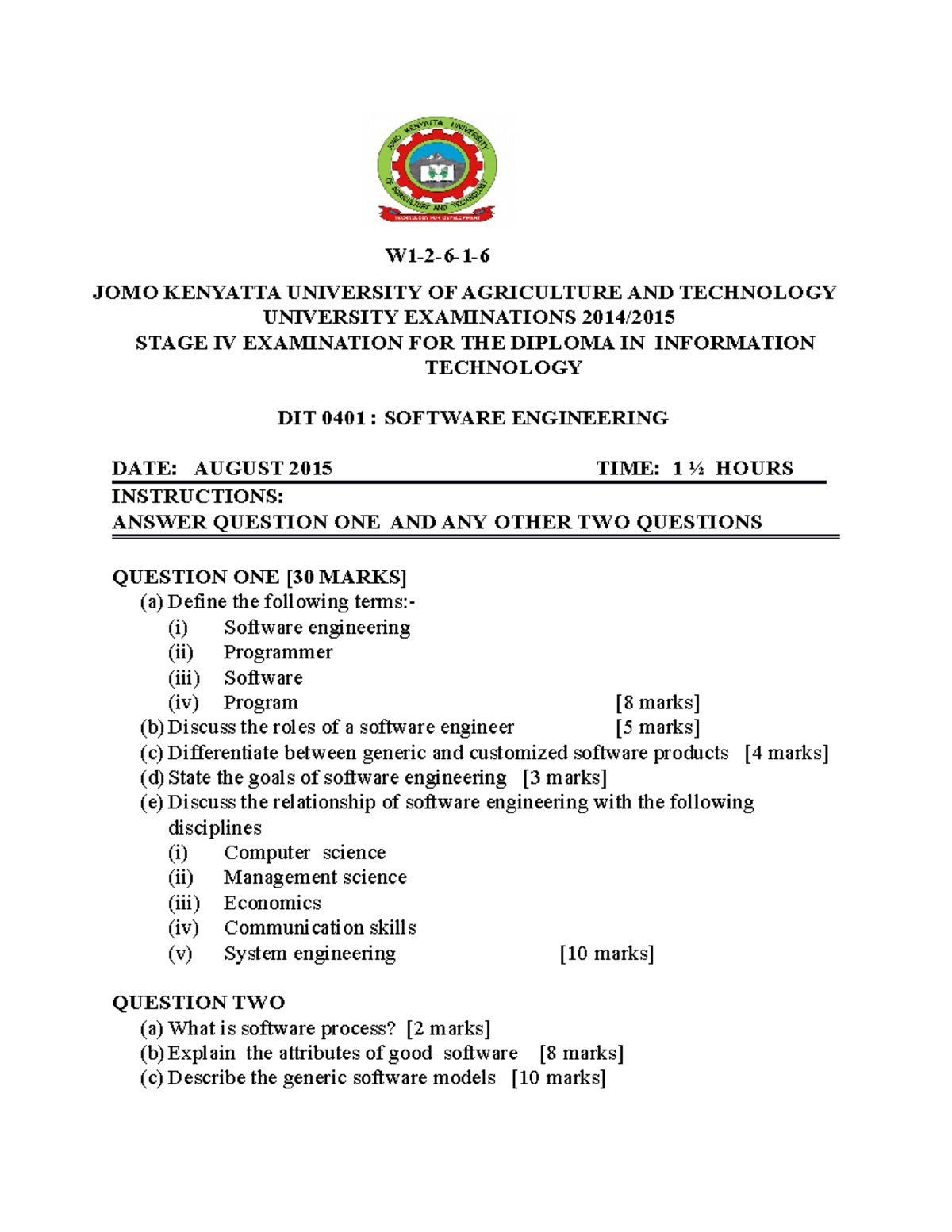 DIT 0401 Software Engineering - W1-2-6-1- JOMO KENYATTA UNIVERSITY OF ...