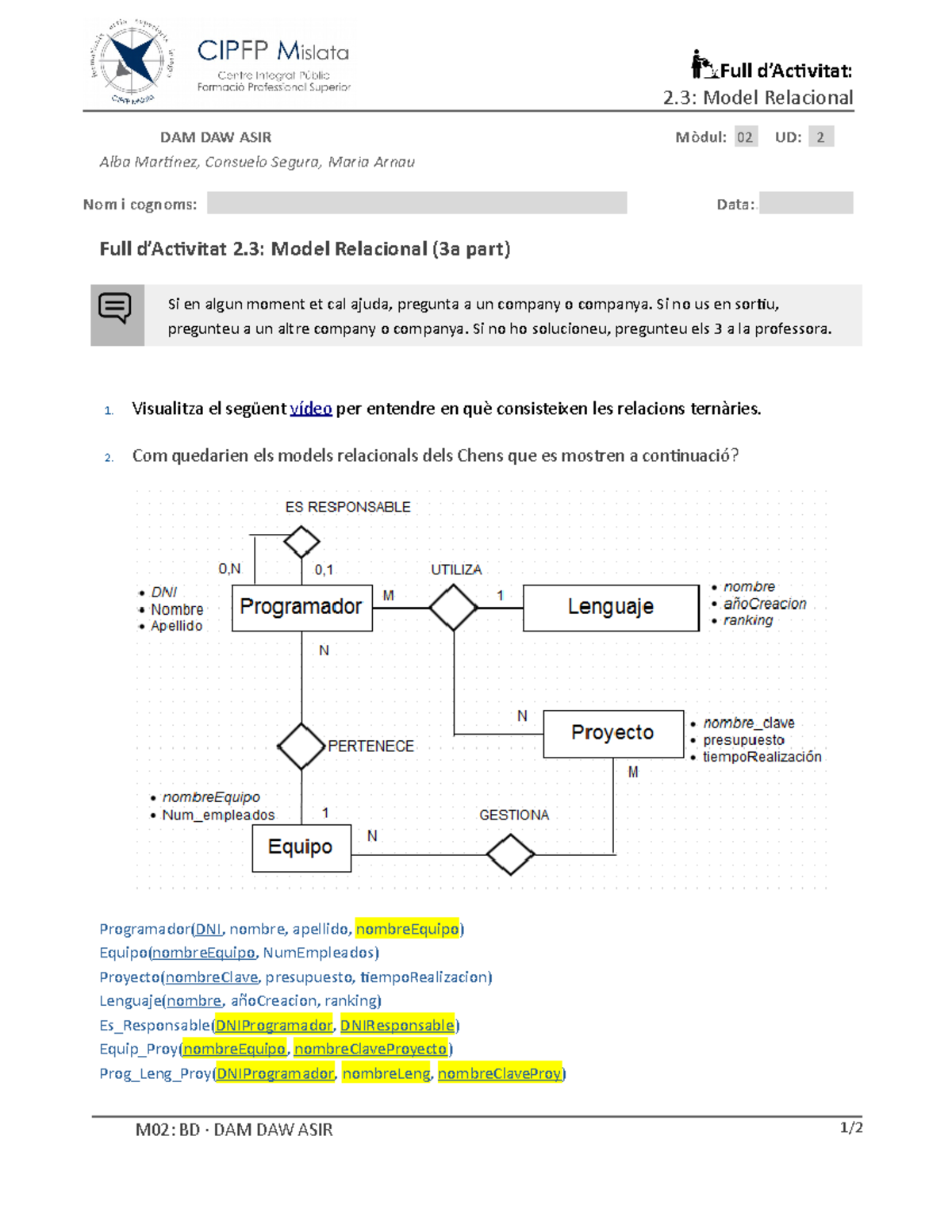 Antiguo Documento UD2 2.3 FA Model Relacional (part3) - Solució - Full d’Activitat: 2: Model ...