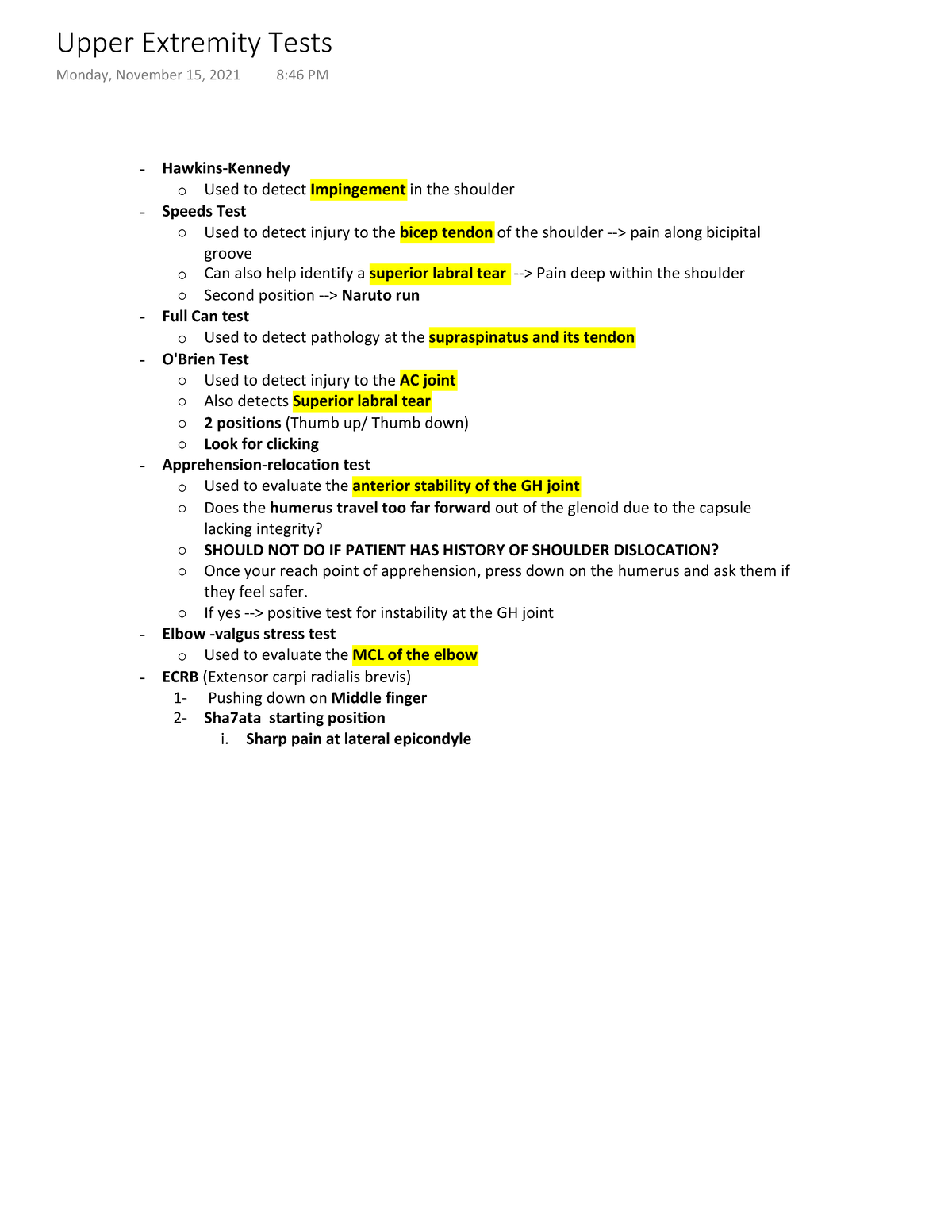 Upper Extremity Tests - Hawkins-Kennedy ï Used to detect Impingement in ...