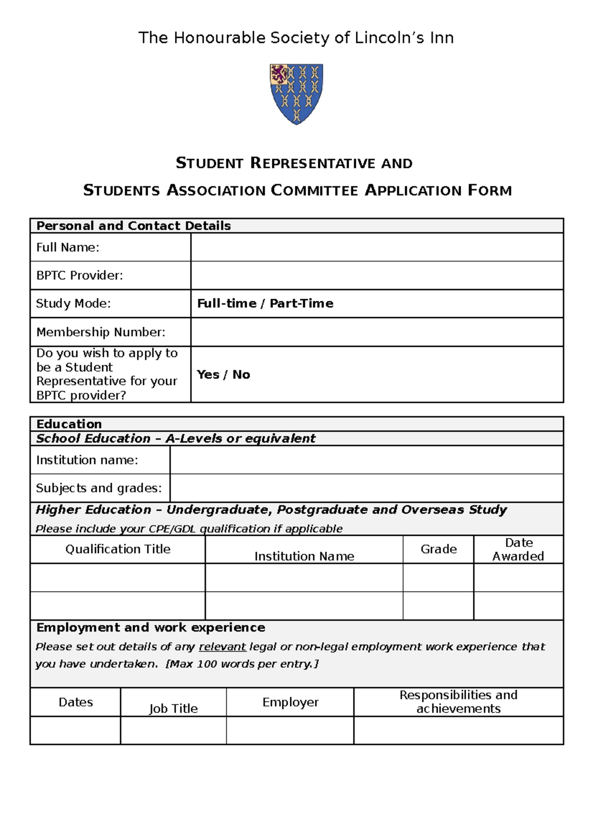 Student Rep Association Form 2022 - The Honourable Society of Lincoln’s ...