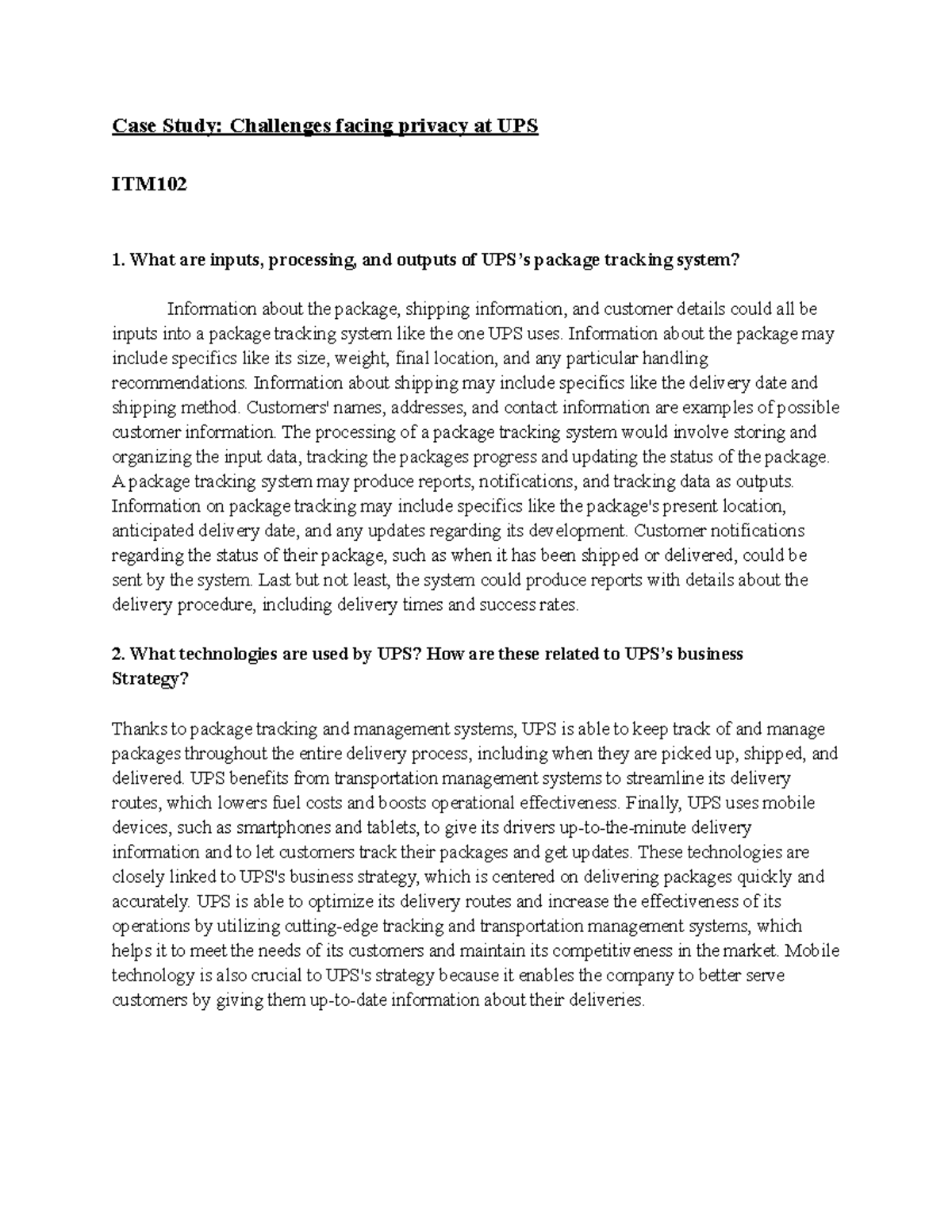 Case Study Challenges facing privacy at UPS - Case Study: Challenges ...