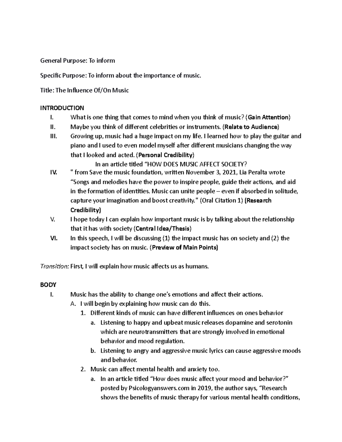 Informativa APA outlines Music - General Purpose: To inform Specific ...