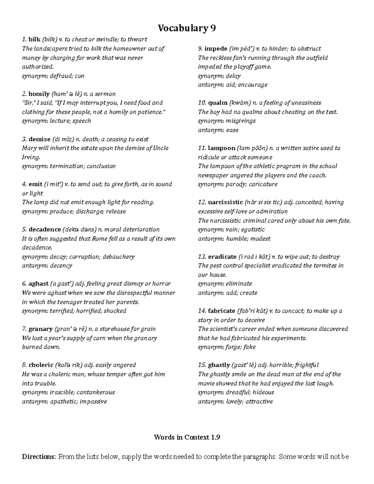 Vocabulary 1.9 Activities - Vocabulary 9 bilk (bilk) v. to cheat or ...