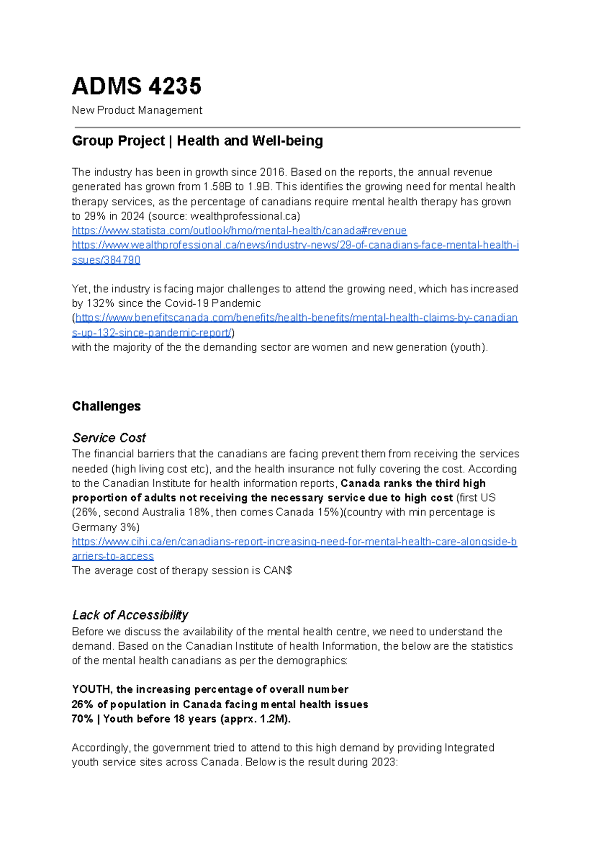 ADMS 4235 - New Product management Group Project (Part 1) - ADMS 4235 ...