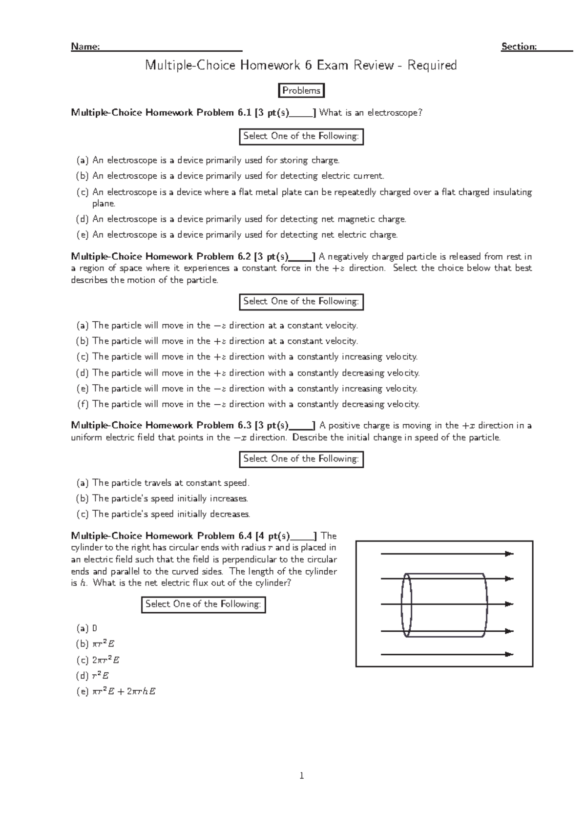 Practice Exam #1 - Name: Section: Multiple-Choice Homework 6 Exam ...