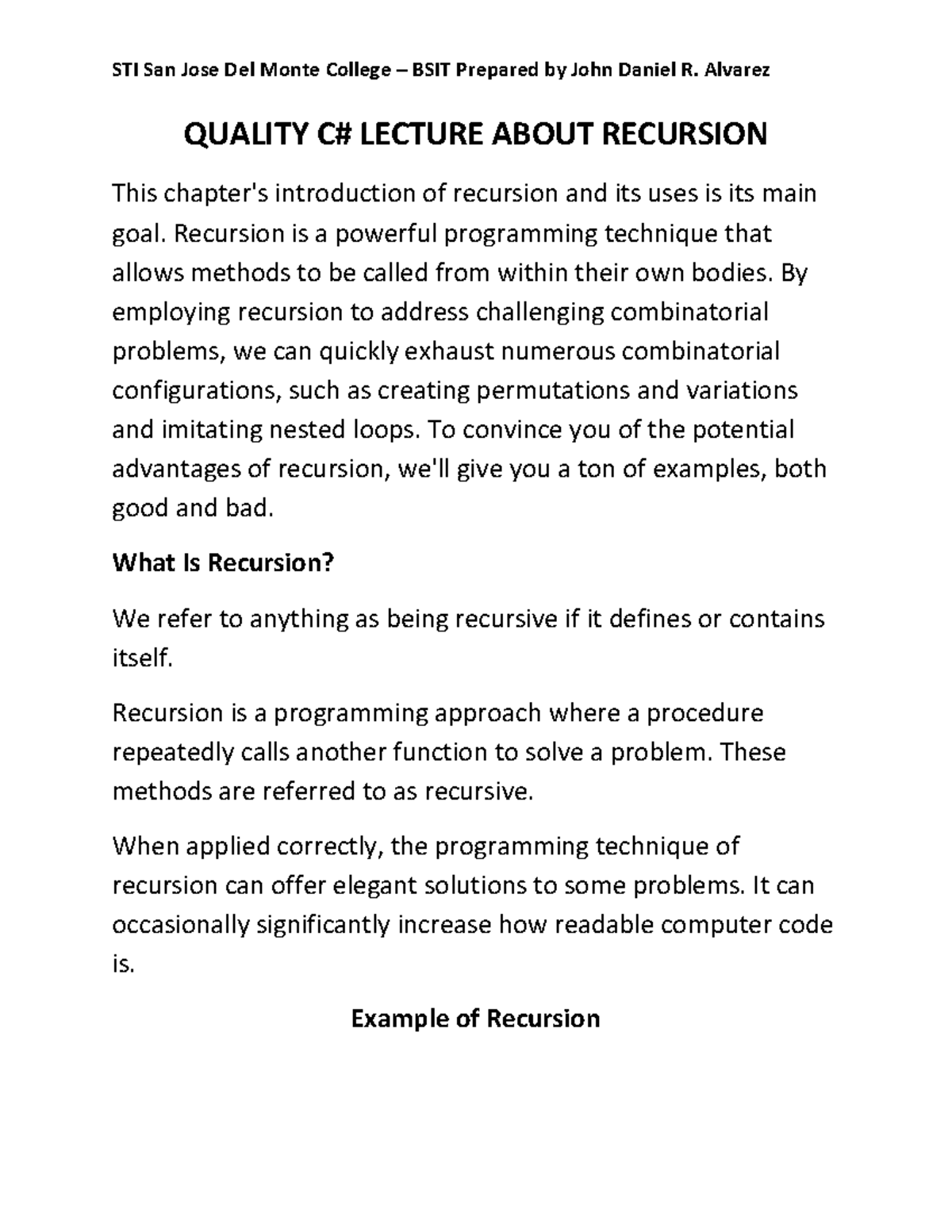 Quality C Sharp Lecture About Recursion Quality C Lecture About