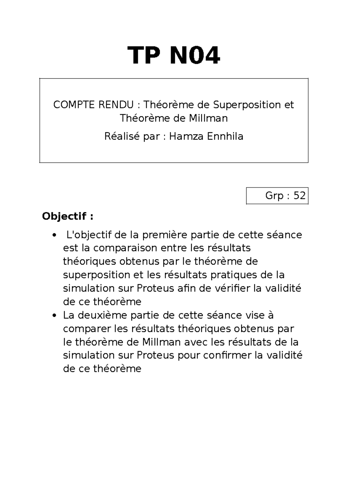 Comprte rendue tp 4 - Théorème de Superposition et Théorème de Millman - TP N COMPTE RENDU ...