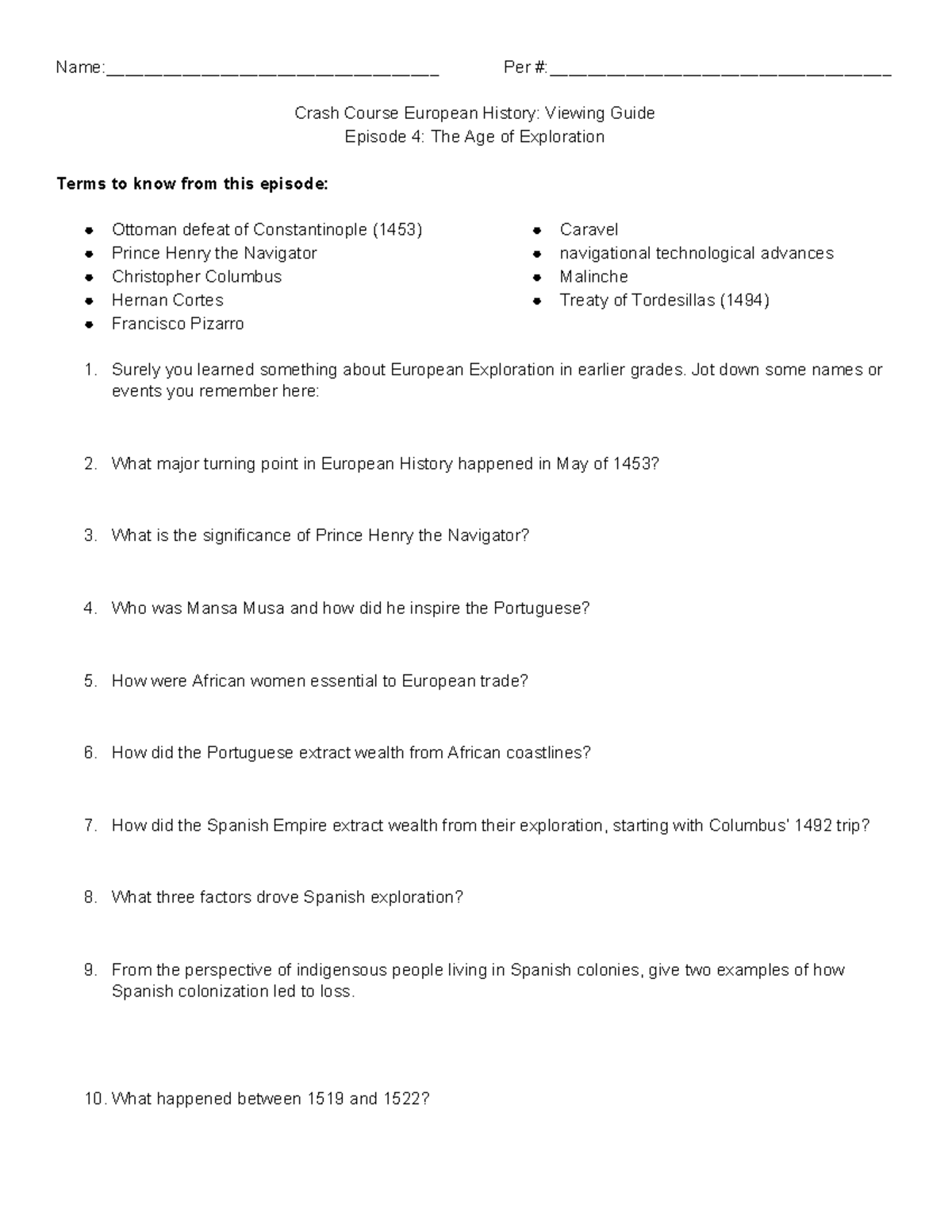 CC Euro #4 Age of Exploration Viewing Guide - Name ...