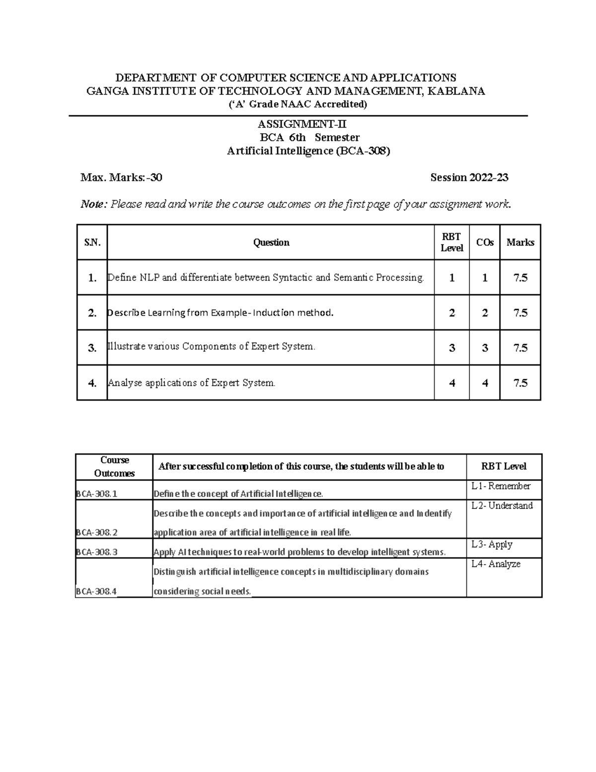 A I Assignment 2 These Are Notes By Teacher Department Of Computer Science And Applications