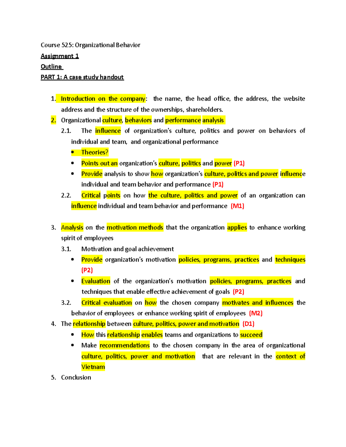 Assignment 1 guideline from teacher - Course 525: Organizational ...