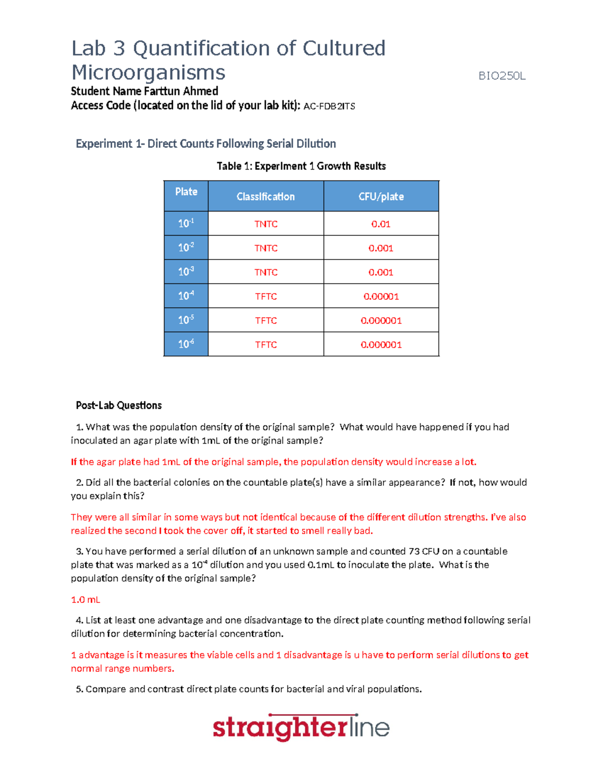 Micro lab 3 - straighterline - Lab 3 Quantification of Cultured ...
