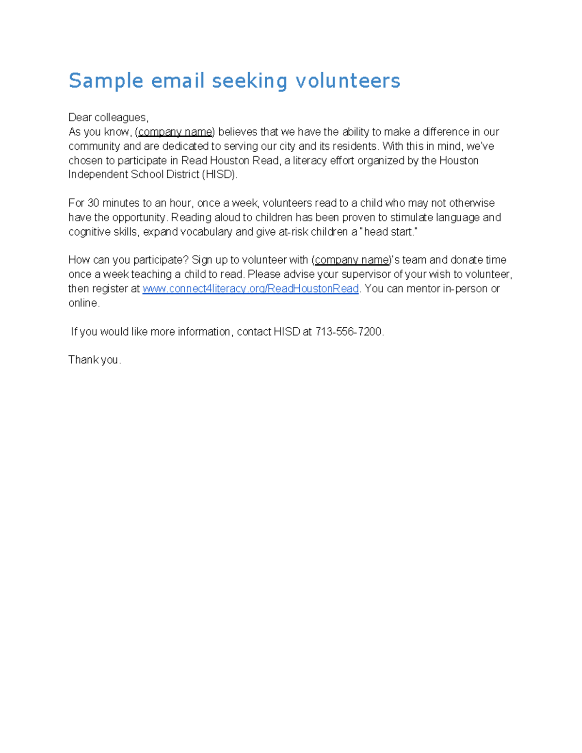 RHROrganizations Sampleemail - Sample email seeking volunteers Dear ...