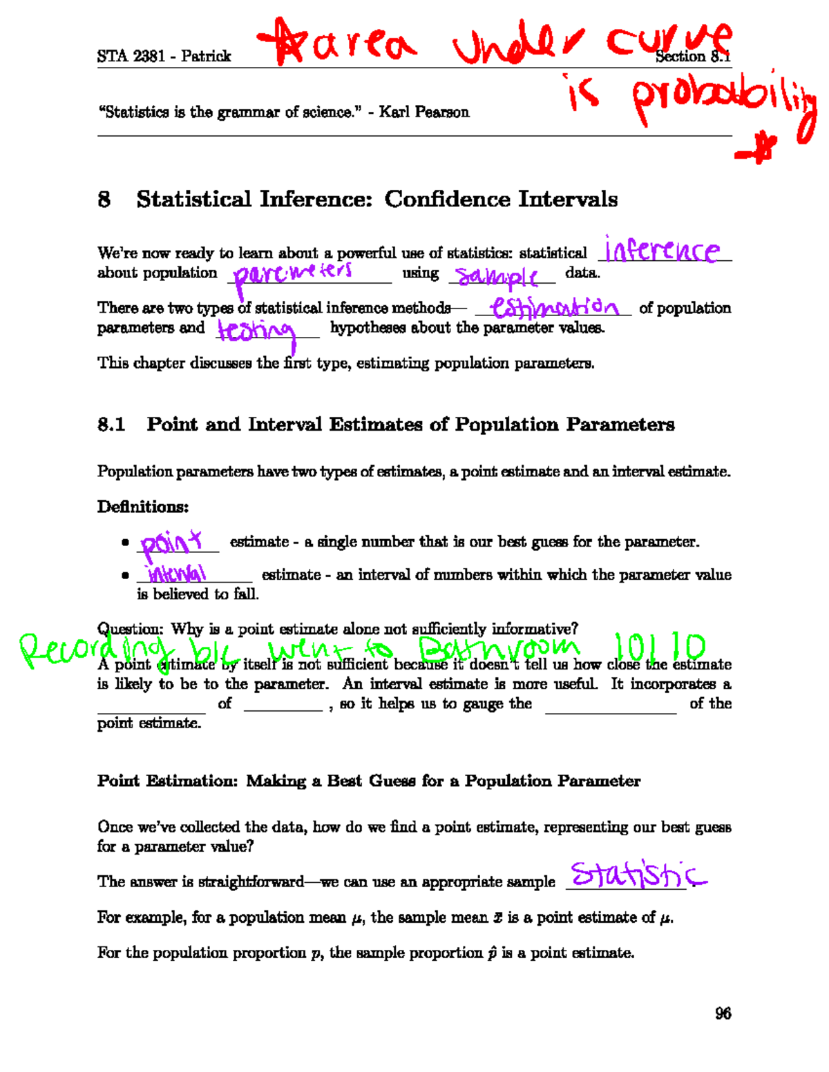 Ch8 stats patrick notes - ☆ area under curve is probability ☆ inference ...