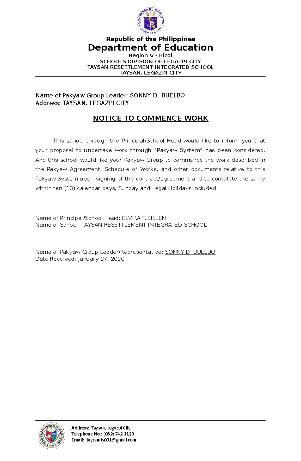 Notice TO Commence WORK 1 - Republic of the Philippines Department of ...