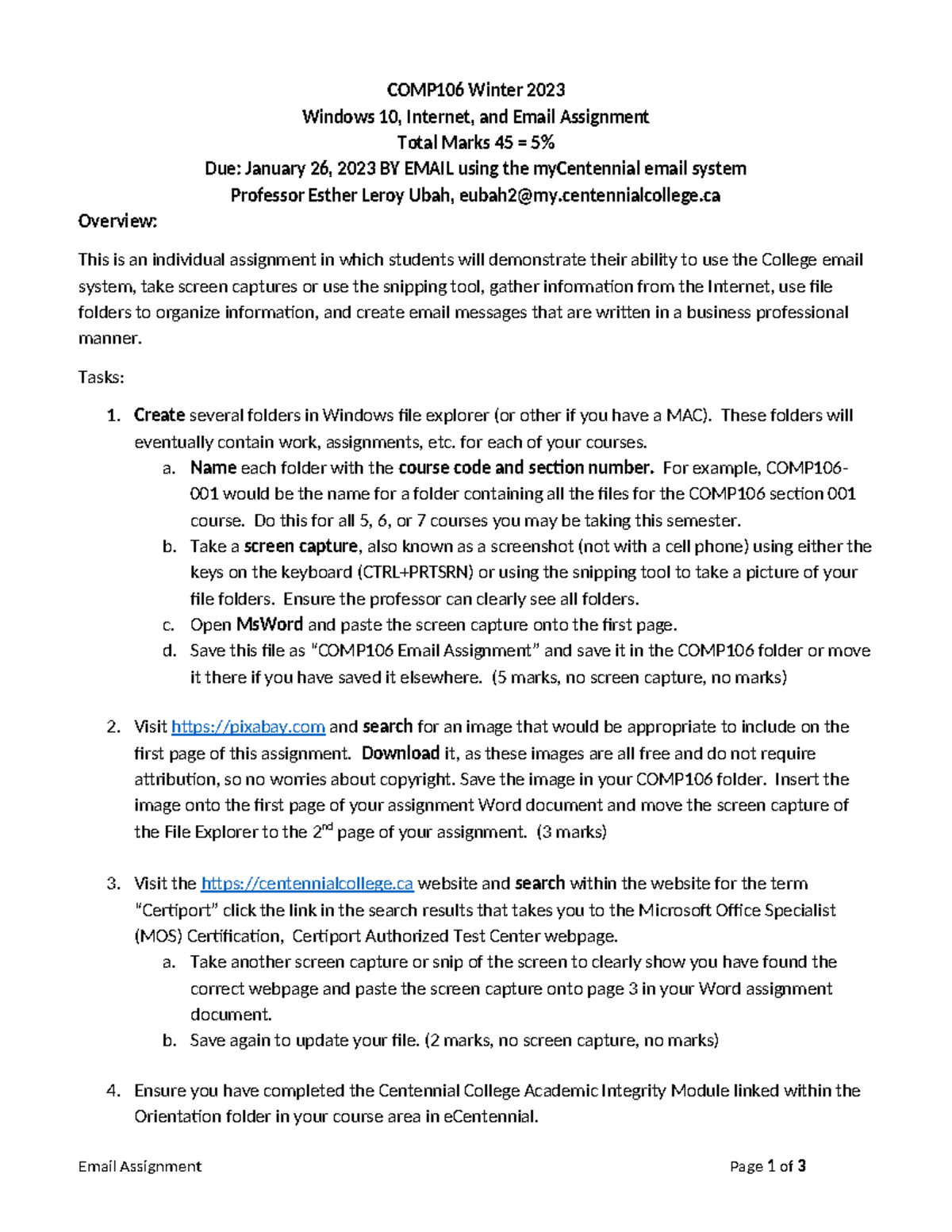 COMP106 Email Assignment W23 - COMP106 Winter 2023 Windows 10, Internet, and Email Assignment ...