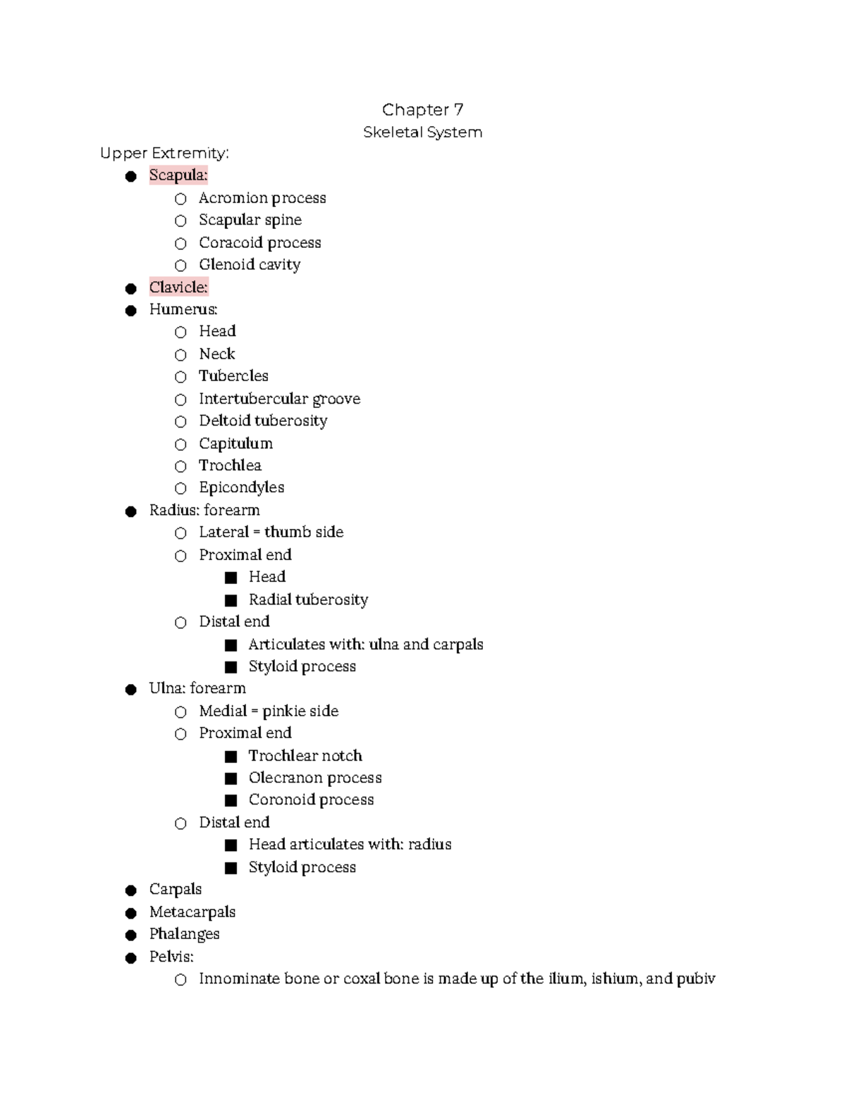 HP 1420 Ch. 7 - John Shearer - Chapter 7 Skeletal System Upper ...
