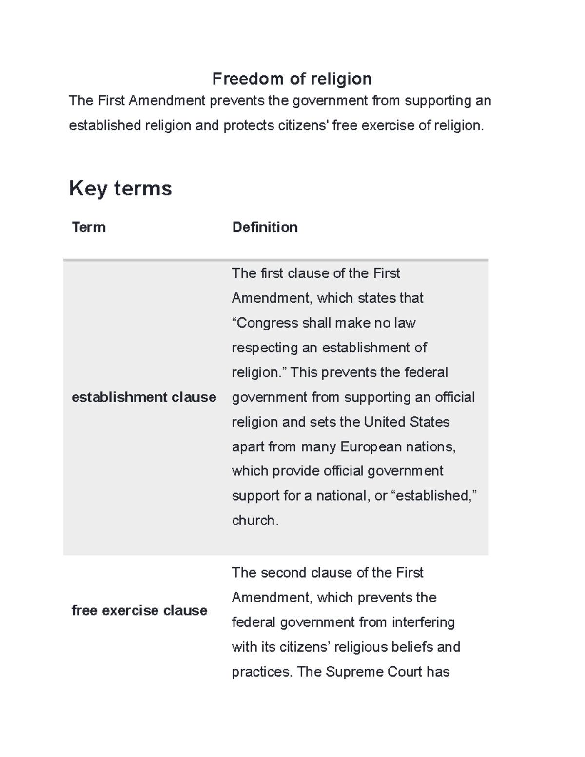 Freedom of religion - Key terms Term Definition establishment clause ...
