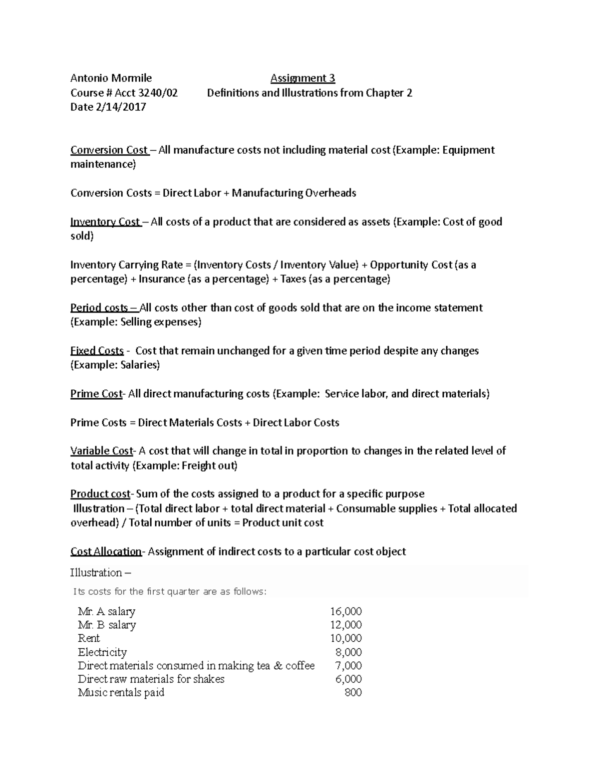 Assignment 3 Cost accounting - Antonio Mormile Assignment 3 Course ...