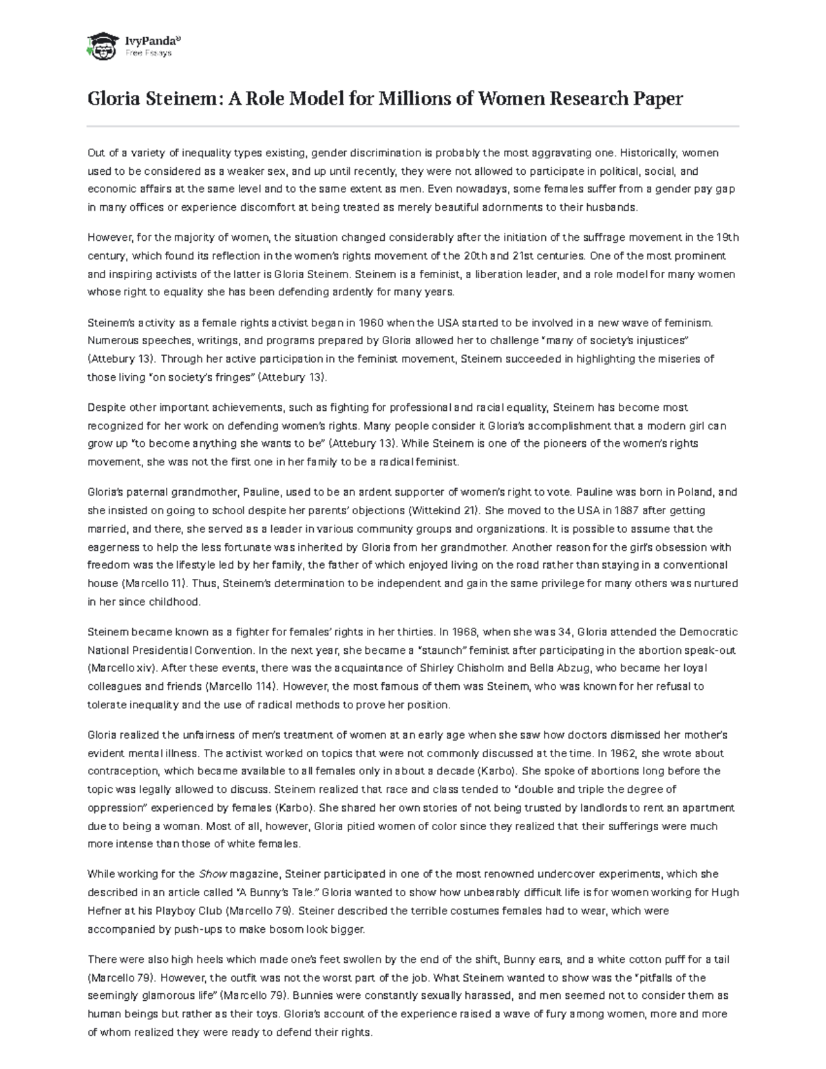 Gloria Steinem A Role Model for Millions of Women - 1131 Words Research ...