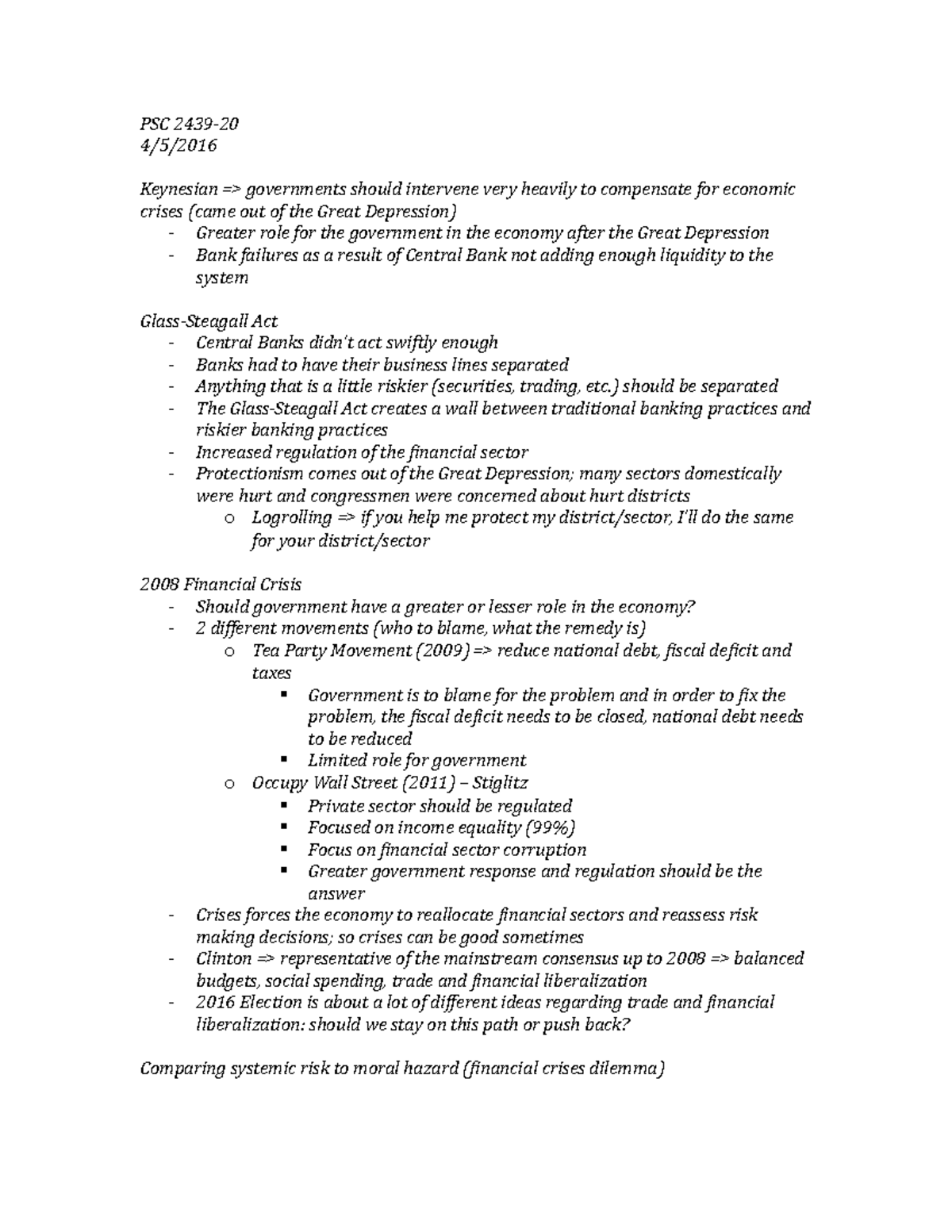 PSC 2439-20 - PSC 2349 with Professor Kaplan - PSC 2439- 4/5/ Keynesian ...