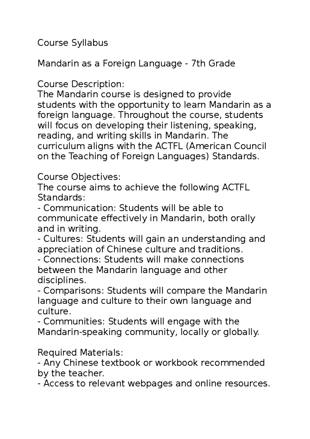 Mandarin Course Syllabus - Course Syllabus Mandarin as a Foreign Language - 7th Grade Course ...