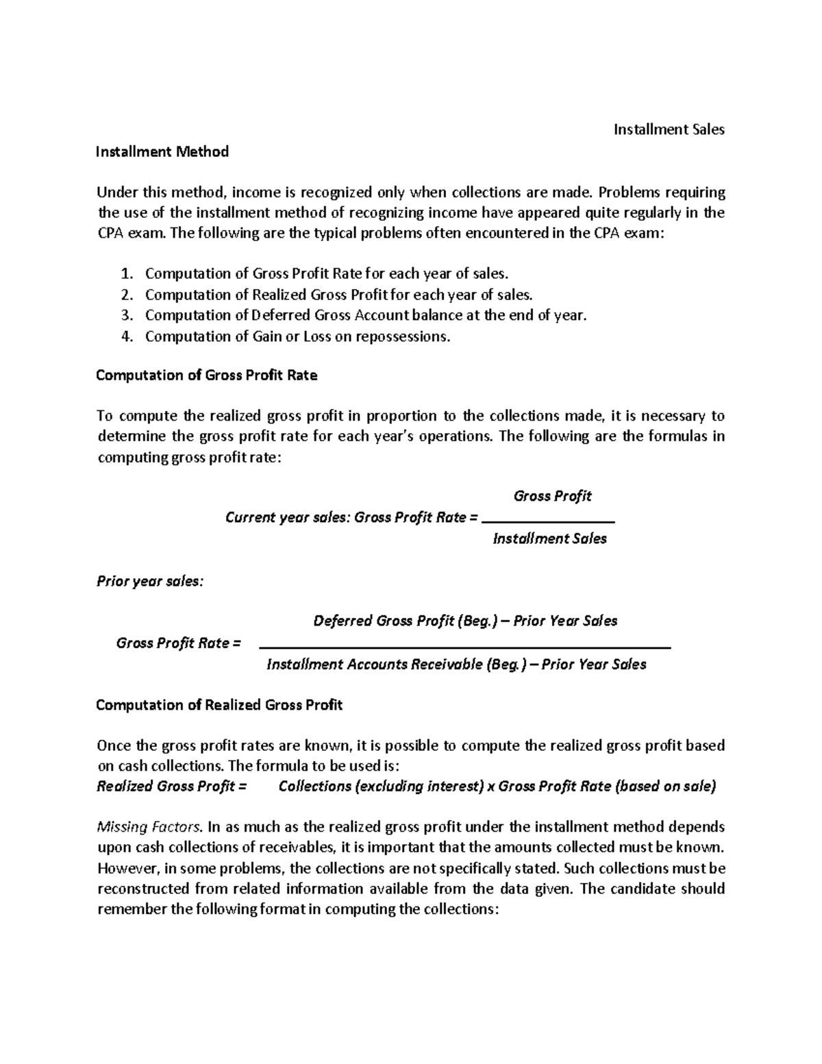 Installment Sales - Installment Sales Installment Method Under this ...