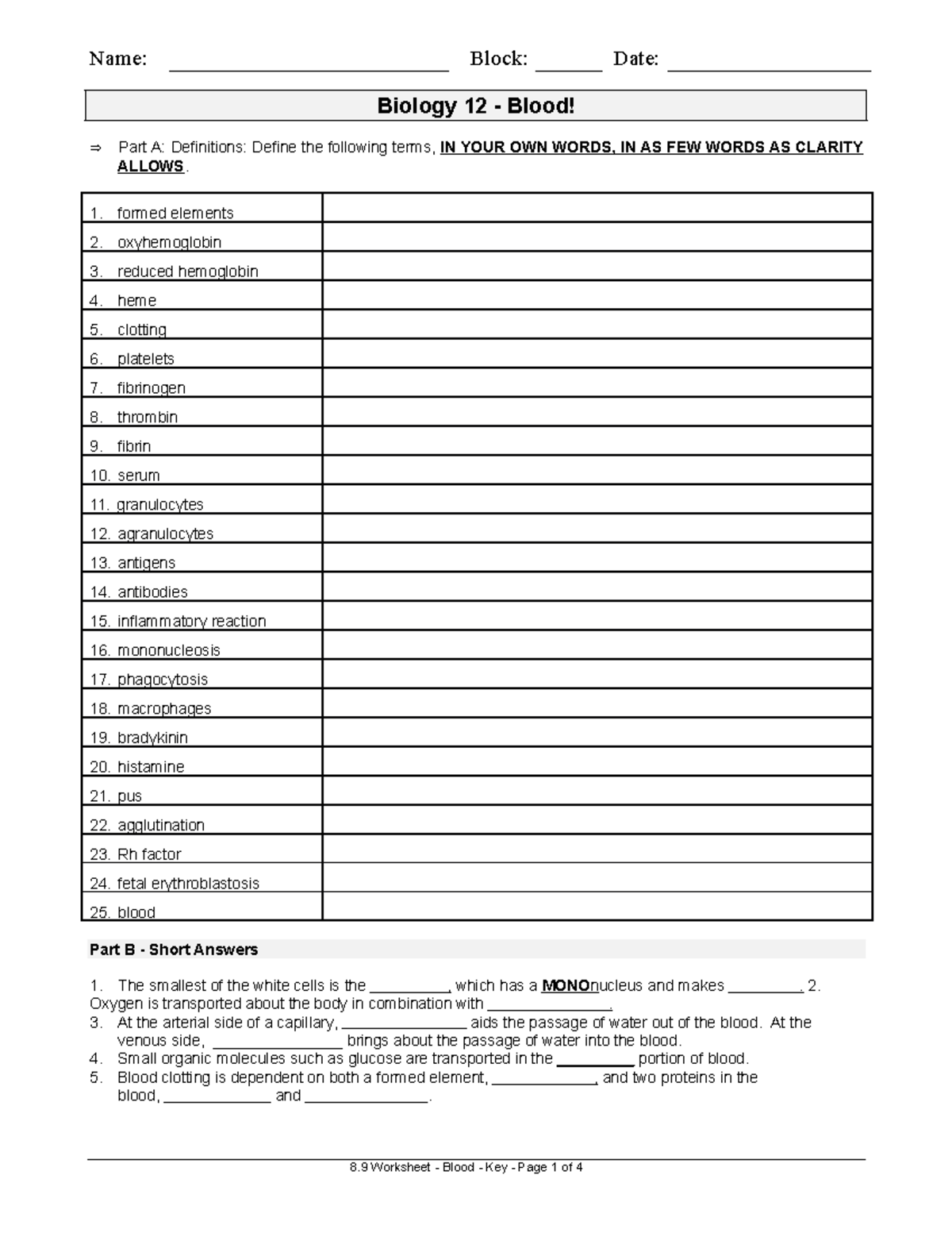 8.9 worksheet - blood -question - Name: Block: Date: Biology 12 - Blood ...