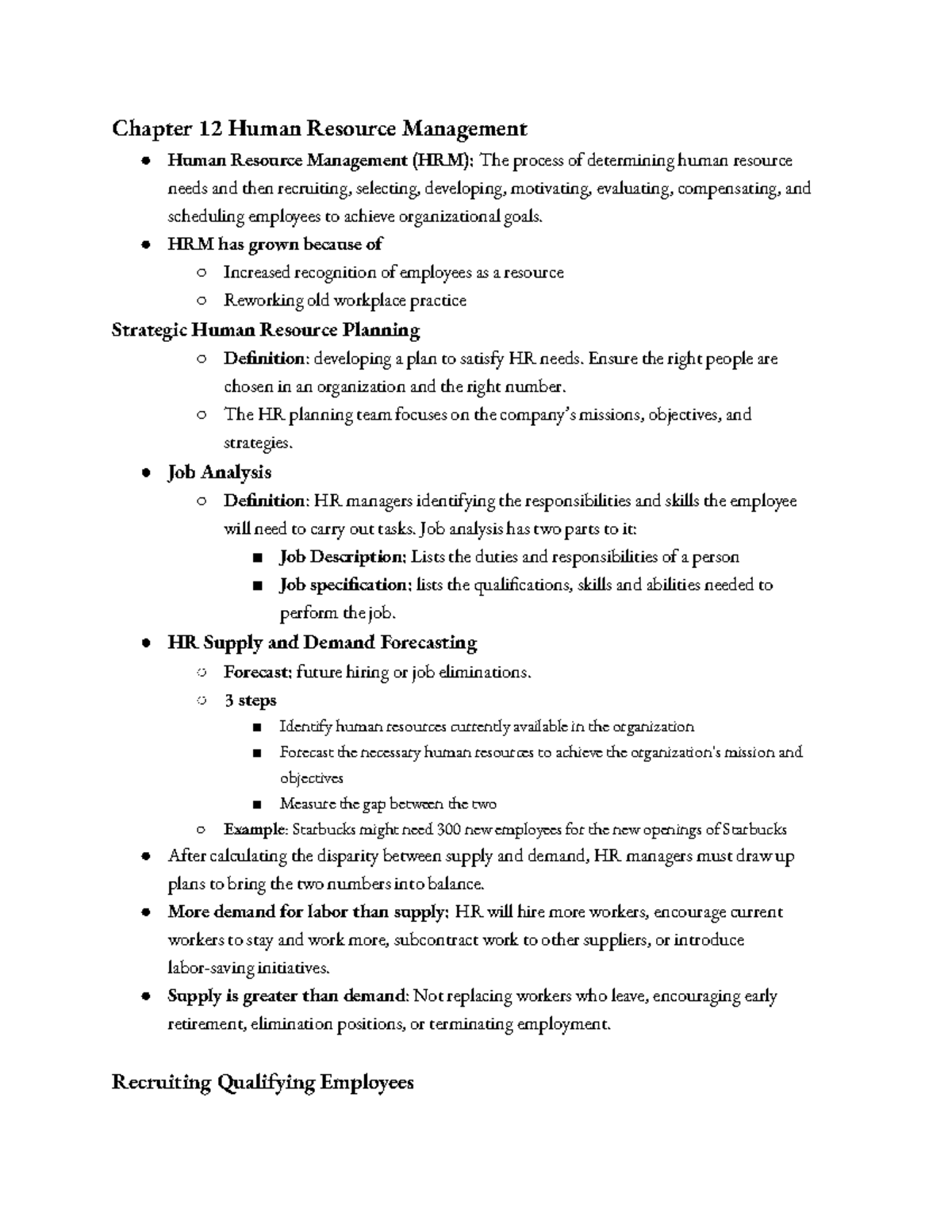 FOB Test 2 Notes - Chapter 12 Human Resource Management Human Resource ...