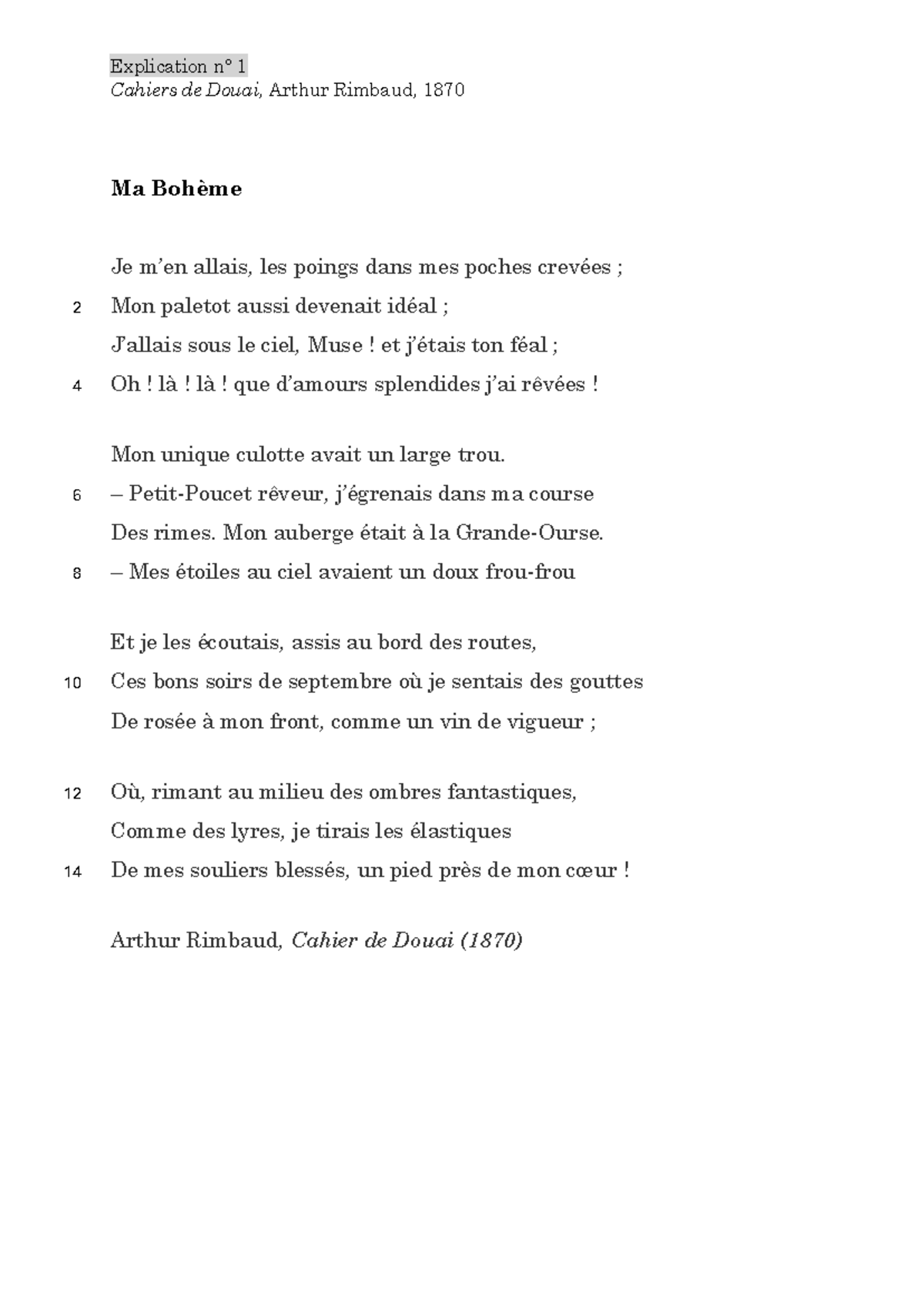Les 16 textes du BAC - Cahiers de Douai, Arthur Rimbaud, 1870 Ma Bohème ...