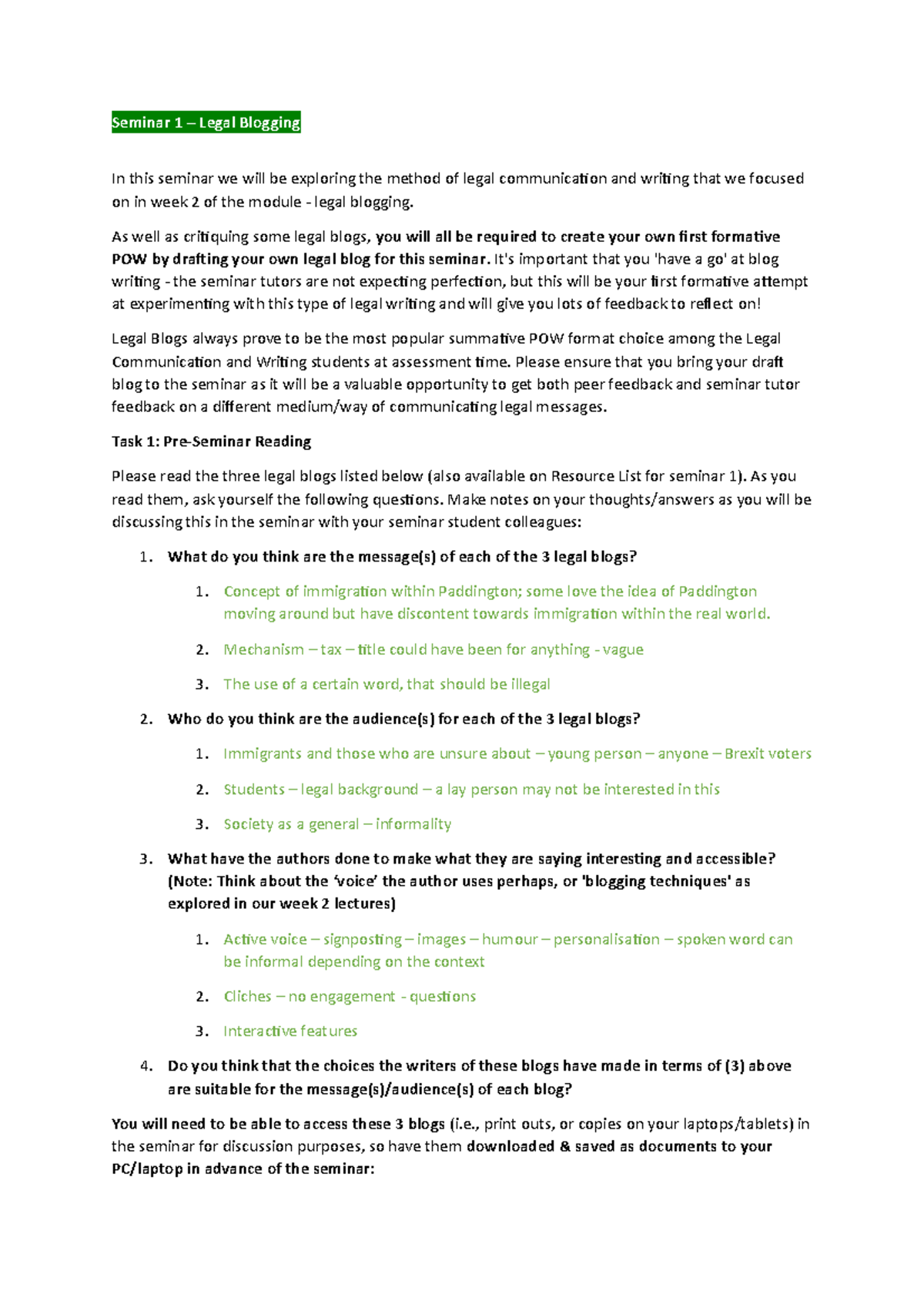 Seminar 1 - Legal Comms - Seminar 1 – Legal Blogging In this seminar we ...