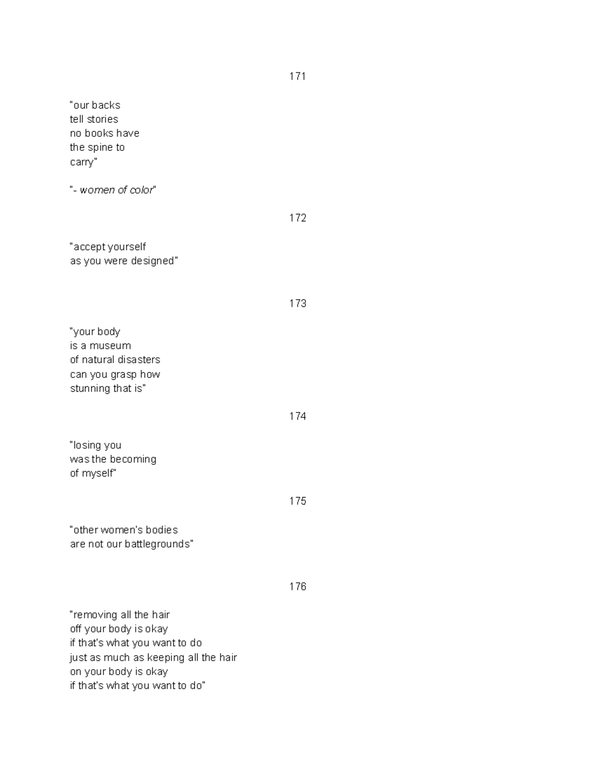 Rupi Kaur's Milk and Honey Pages 171-205 - 171 “our backs tell stories no books have the spine ...