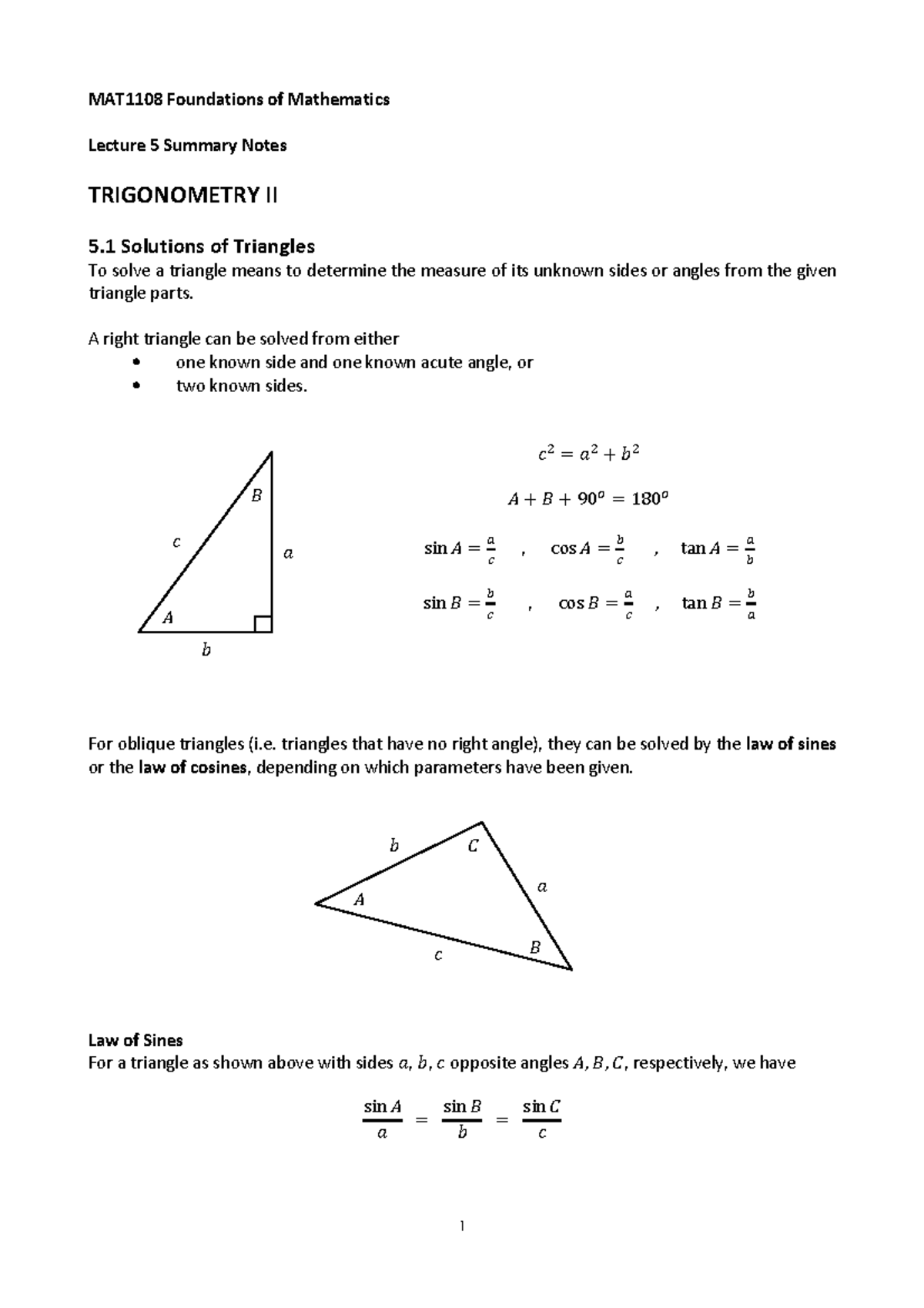 MAT1108 Lecture 5 Summary Notes - MAT1108 Foundations of Mathematics ...