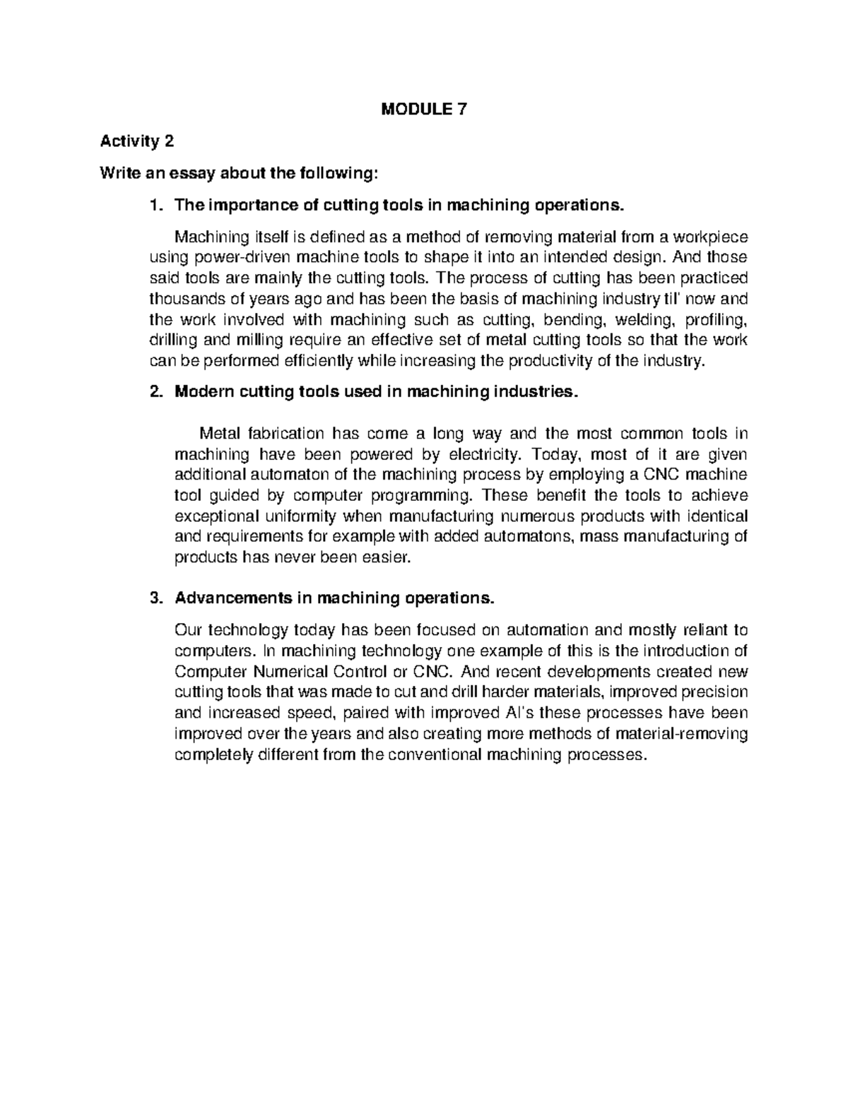 ME Shop 1 Module 7 Activity 2 - MODULE 7 Activity 2 Write an essay ...