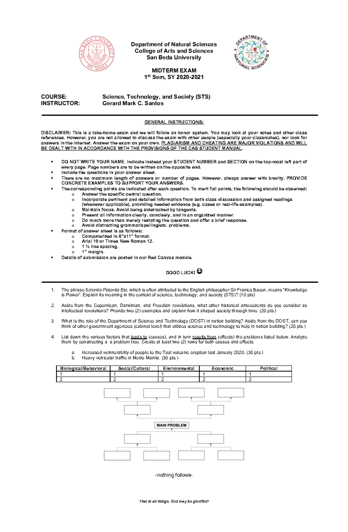 STS Midterm Exam 1st Sem AY 20-21 - That in all things, God may be ...