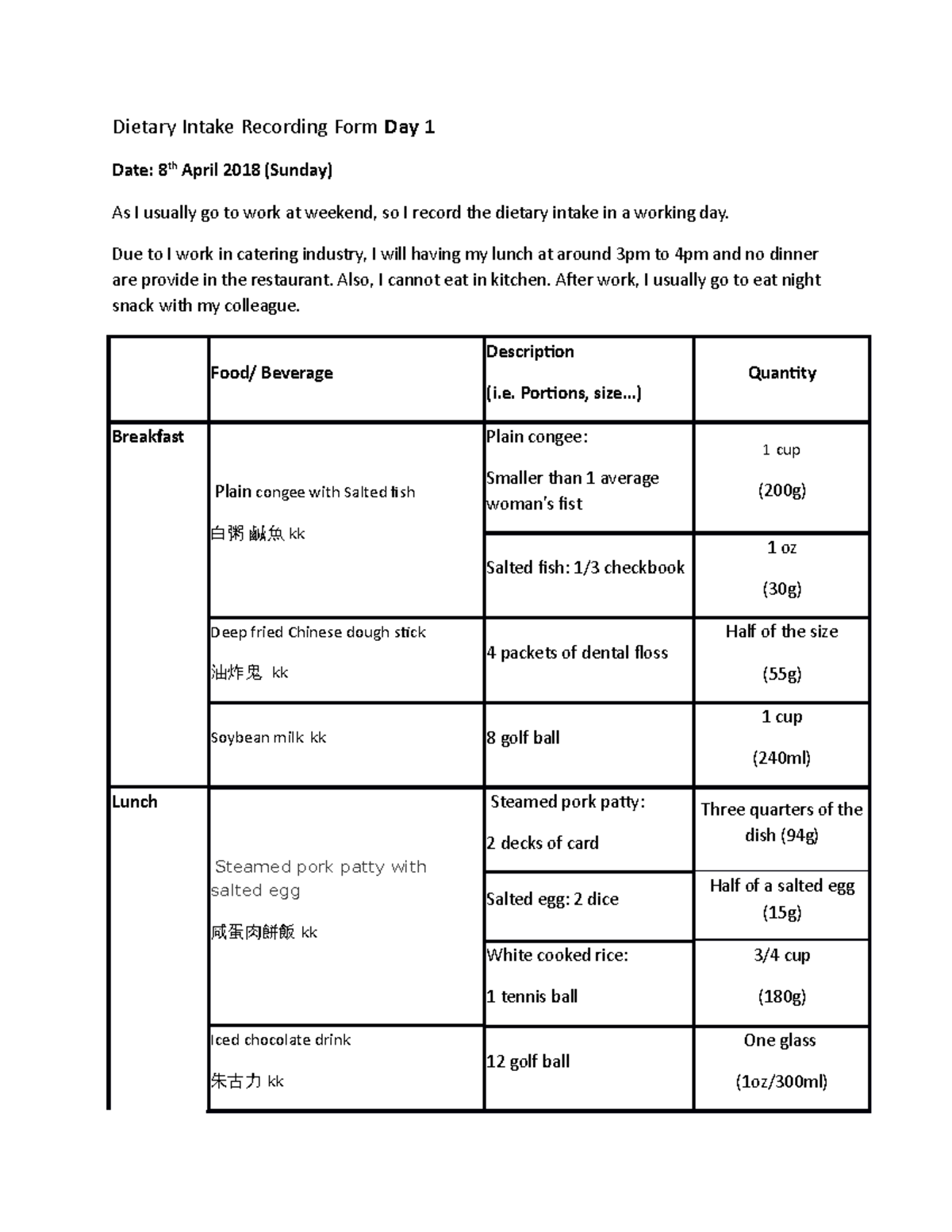 Food Dietary Worksheet - Dietary Intake Recording Form Day 1 Date: 8th ...