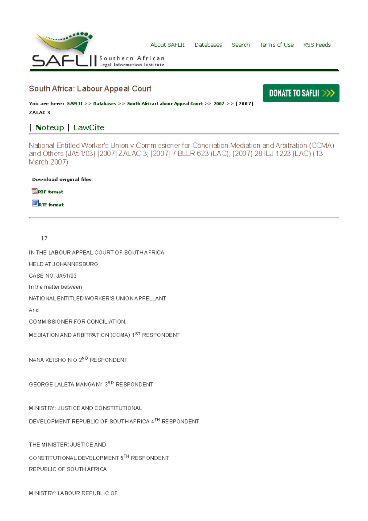 (NEWU) v (CCMA) - South Africa: Labour Appeal Court You are here: SAFLII >> Databases >> - Studocu