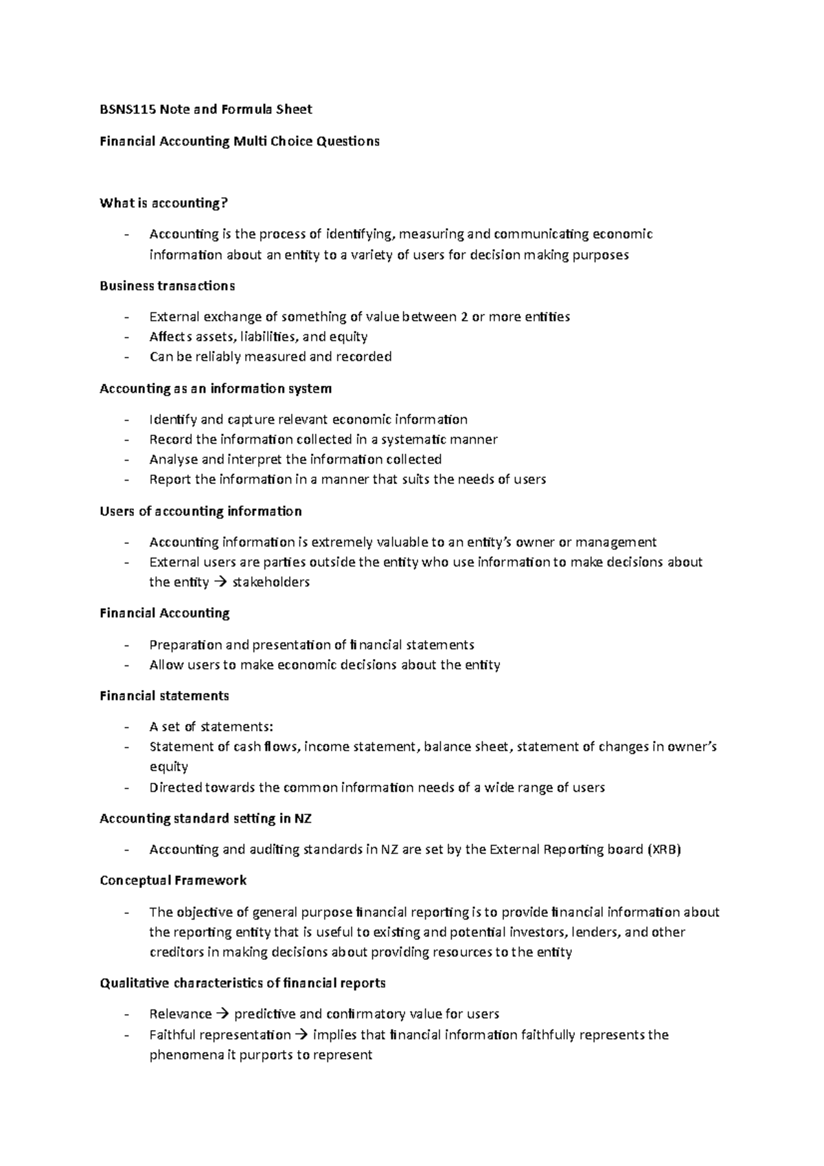 BSNS115 Note and Formula Cheat Sheet for exam - BSNS115 Note and ...