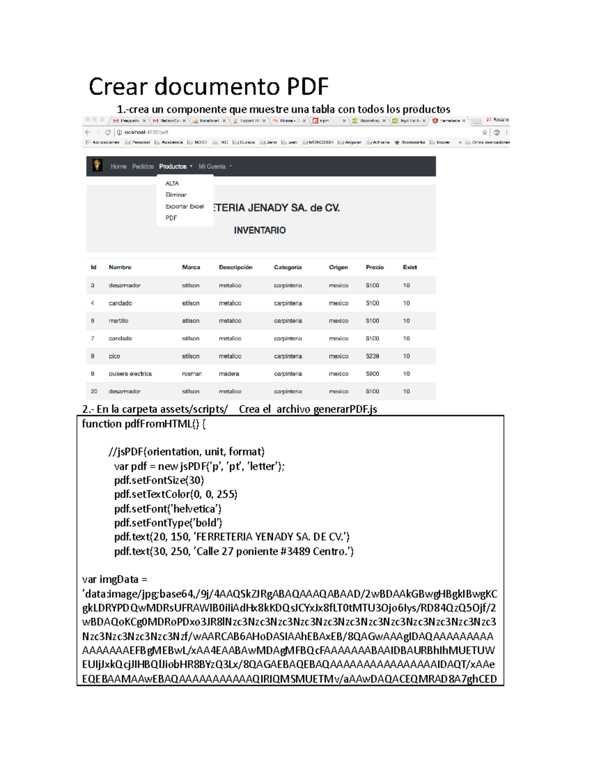 Crear documento PDF -crea un componente que muestre una tabla con todos los productos 2.- En la ...