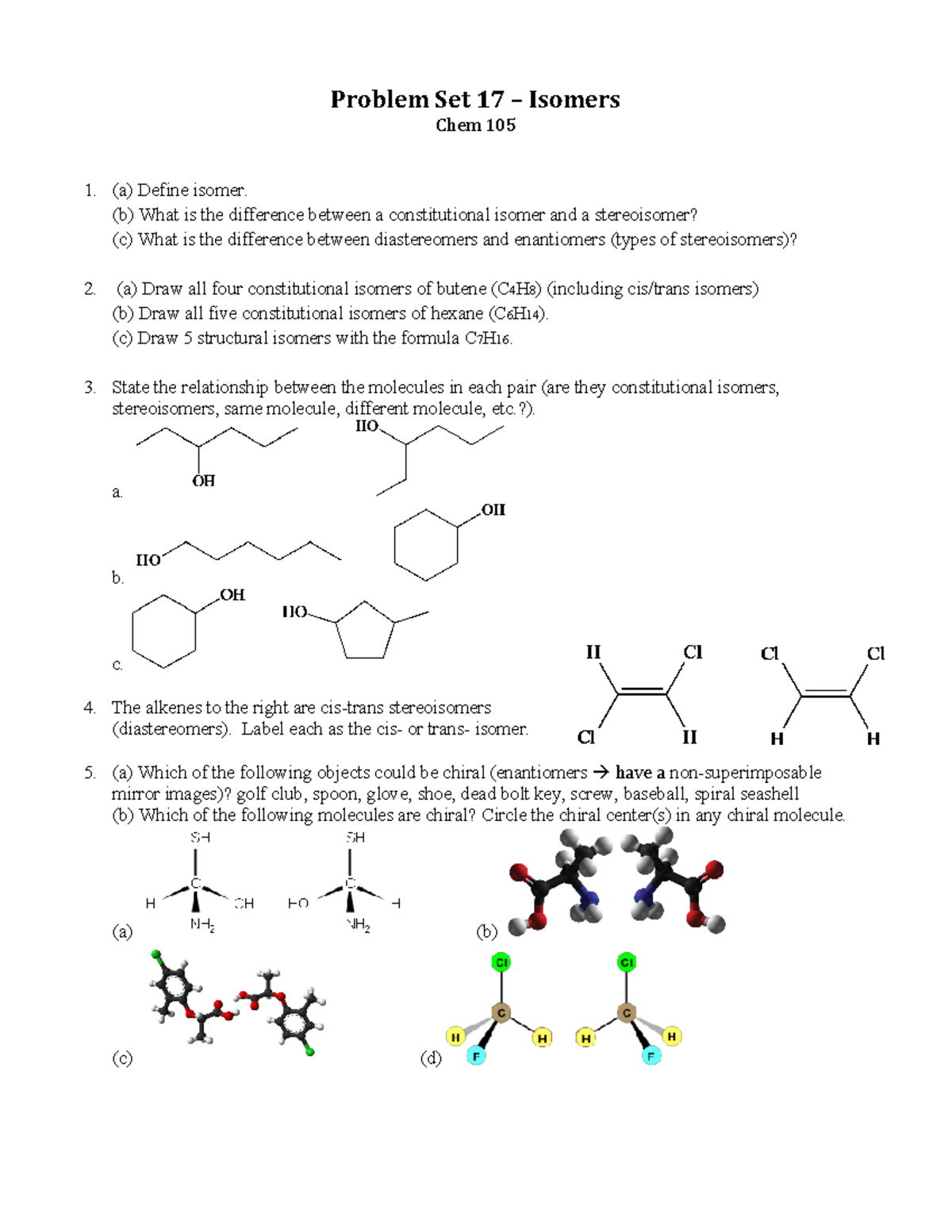 PS 17 - Isomers - document that is problem sets - Problem Set 17 ...
