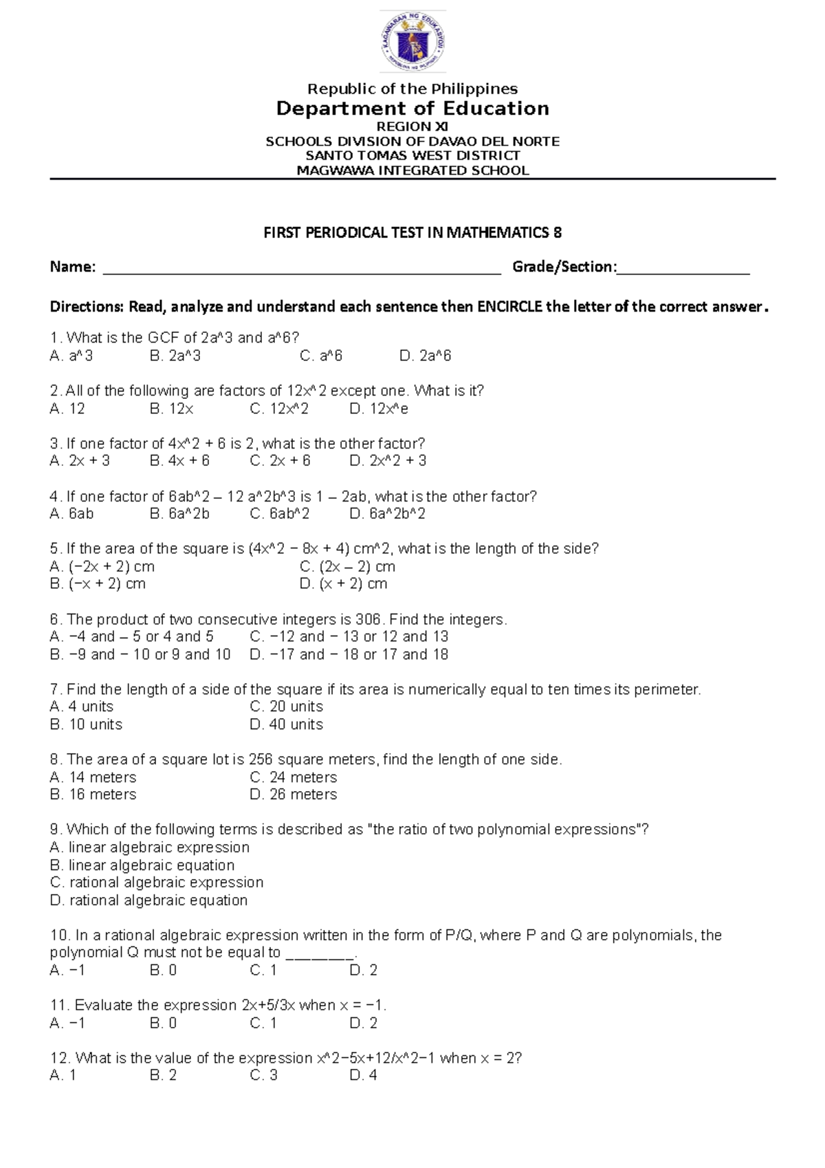 Grade 8 1ST Final QE - Mathematics Ecamination - Republic of the ...