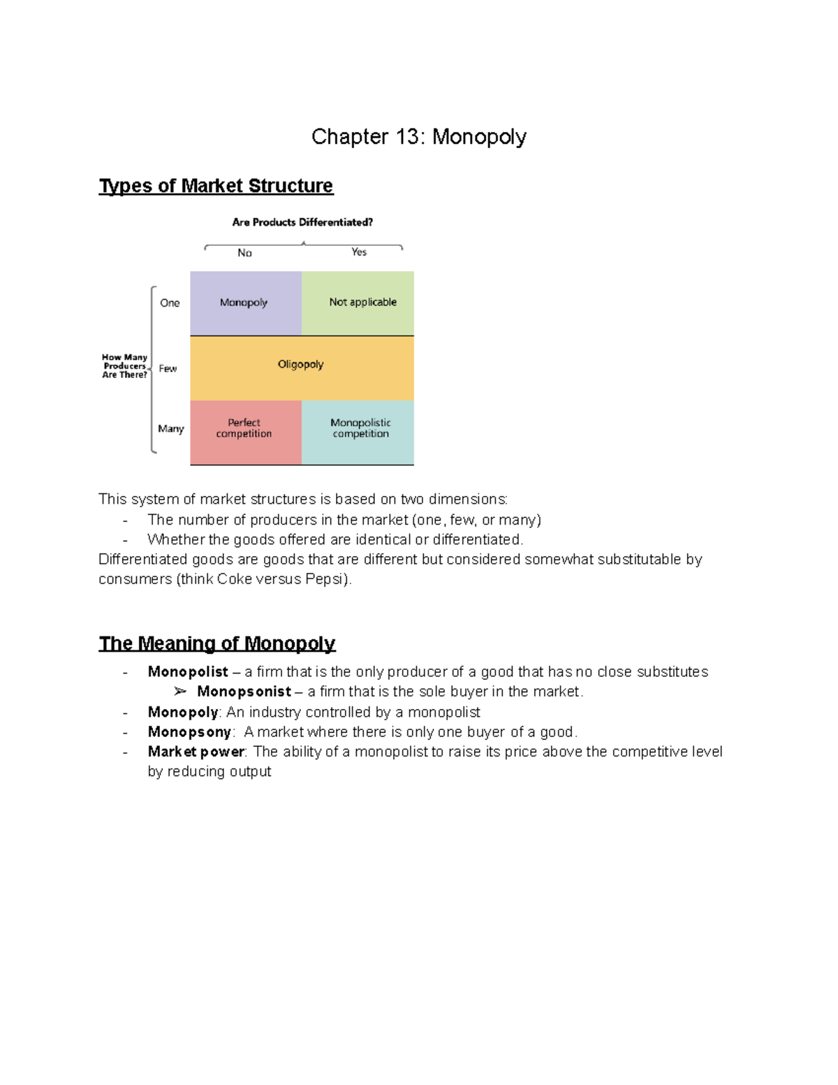 ECN 104 Chapter 13 Notes - Chapter 13: Monopoly Types of Market ...