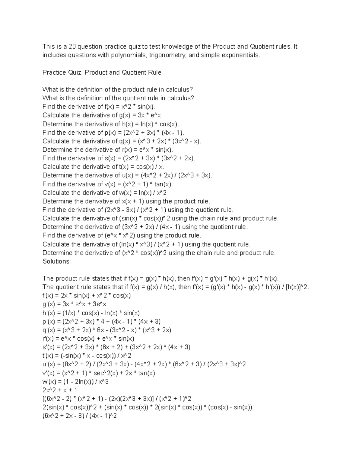 CALC 1 Product Quotient Rule Quiz This Is A 20 Question Practice Quiz